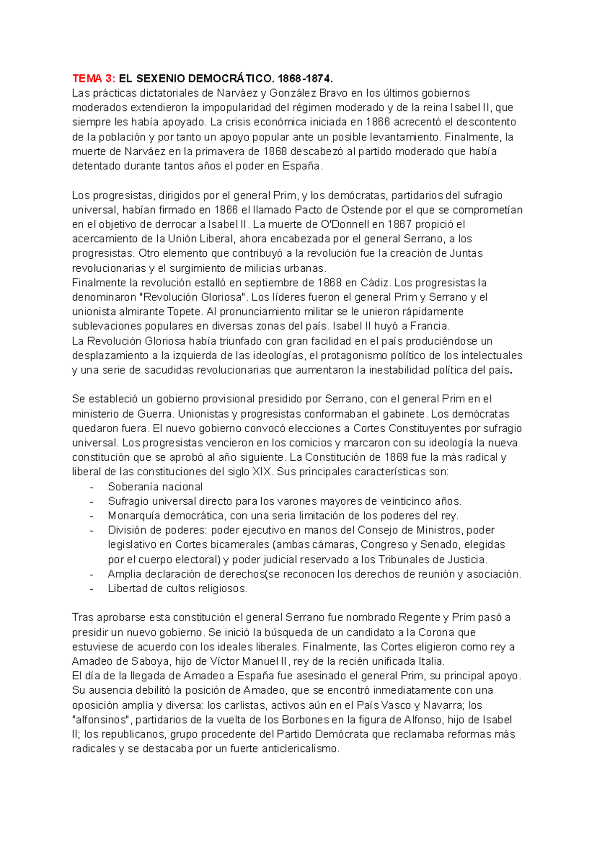 SEXENIO. TEMA 3 examen - TEMA 3: EL SEXENIO DEMOCRÁTICO. 1868-1874. Las prácticas dictatoriales ...