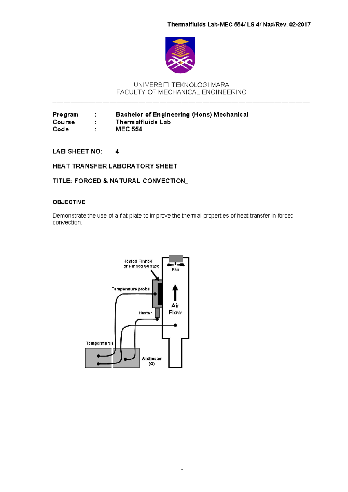 LS4 - Forced & Natural Convection - Thermalfluids Lab-MEC 554/ LS 4 ...