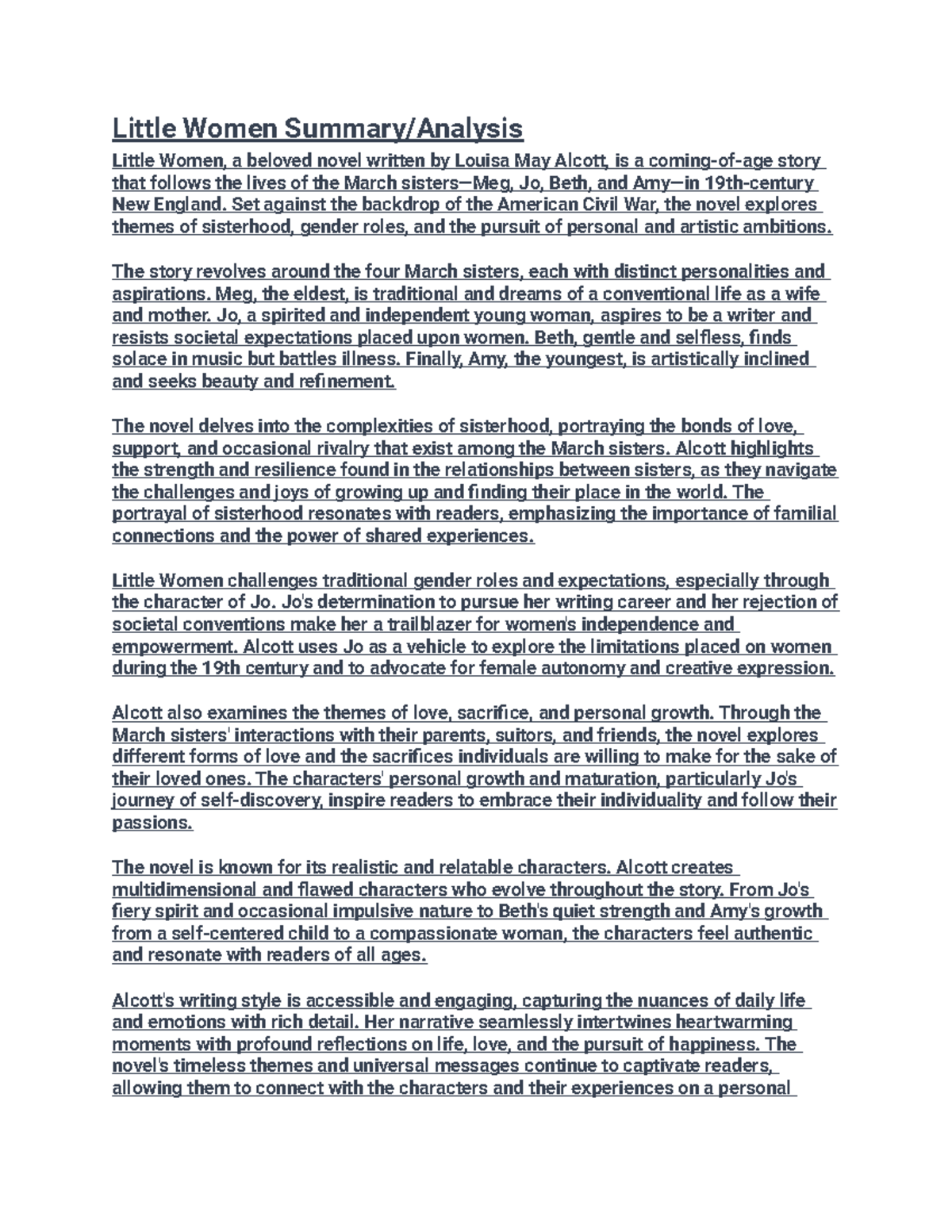 AP Literature 9. LW summary - Little Women Summary/Analysis Little ...