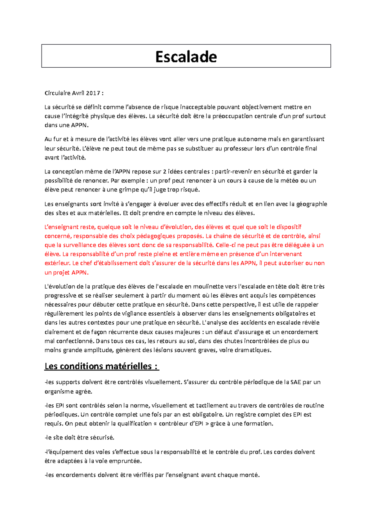 Escalade - Travaux avec def, compétence, afc, logique interne ...