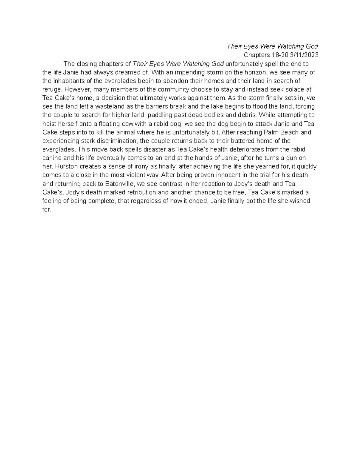 Tewwg Final Journal - jfge - Their Eyes Were Watching God Chapters 18 ...