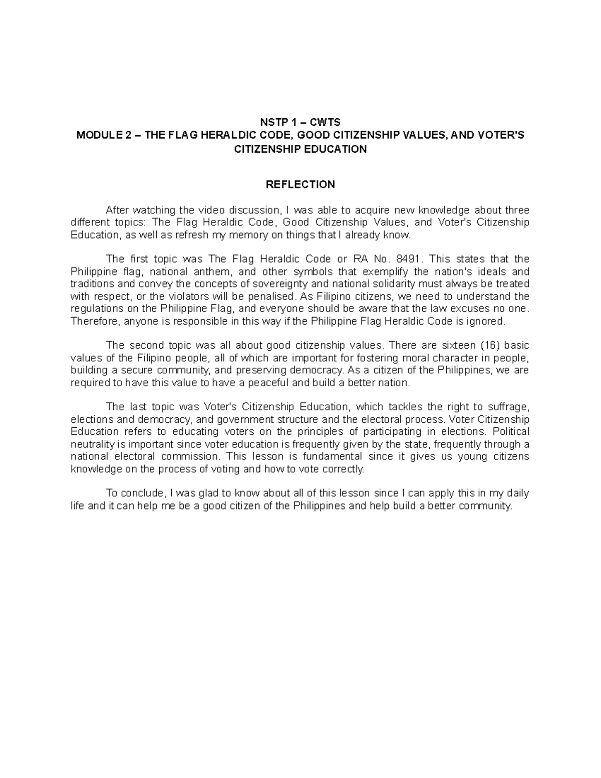 Module 2 Reflection - NSTP 1 – CWTS MODULE 2 – THE FLAG HERALDIC CODE ...