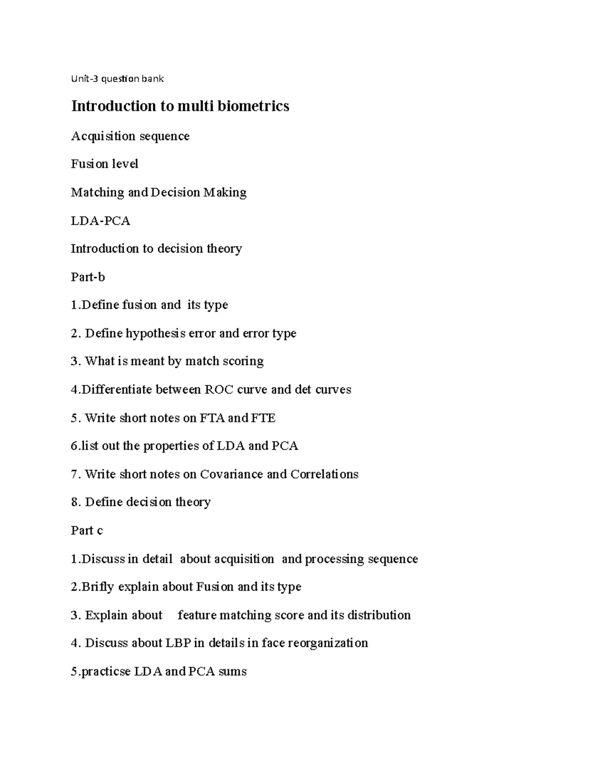 Unit 3 Questions Bank Question Bank Introduction To Multi Biometrics Unit 3 Questions Bank Question Bank Introduction To Multi Biometrics