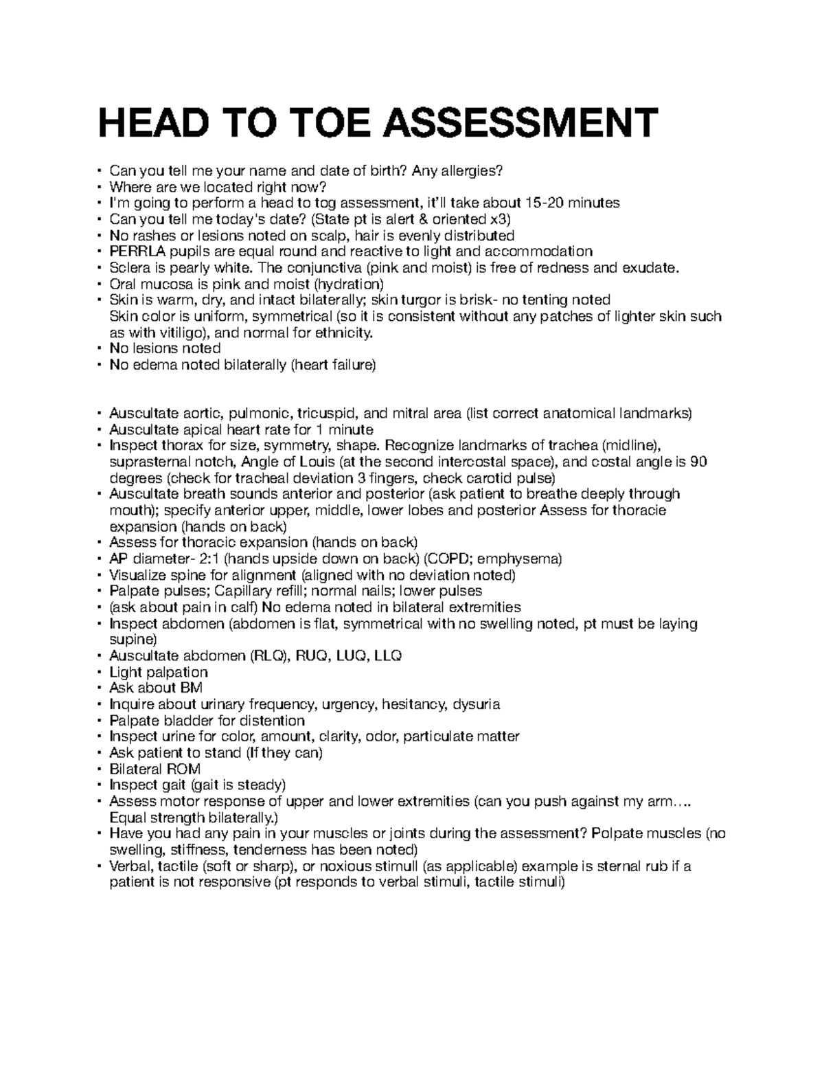 HEAD TO TOE Assessment - Head to toe CPE - HEAD TO TOE ASSESSMENT Can ...