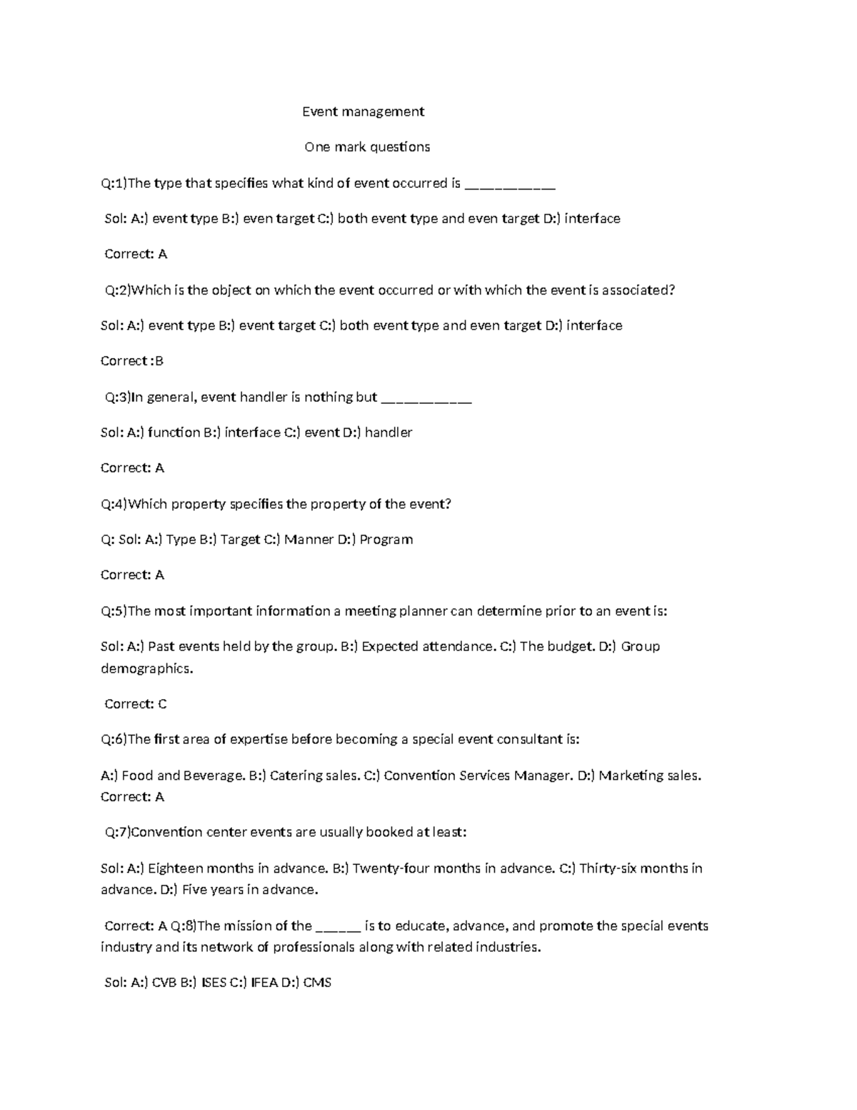 Event management one mark questions - Event management One mark ...
