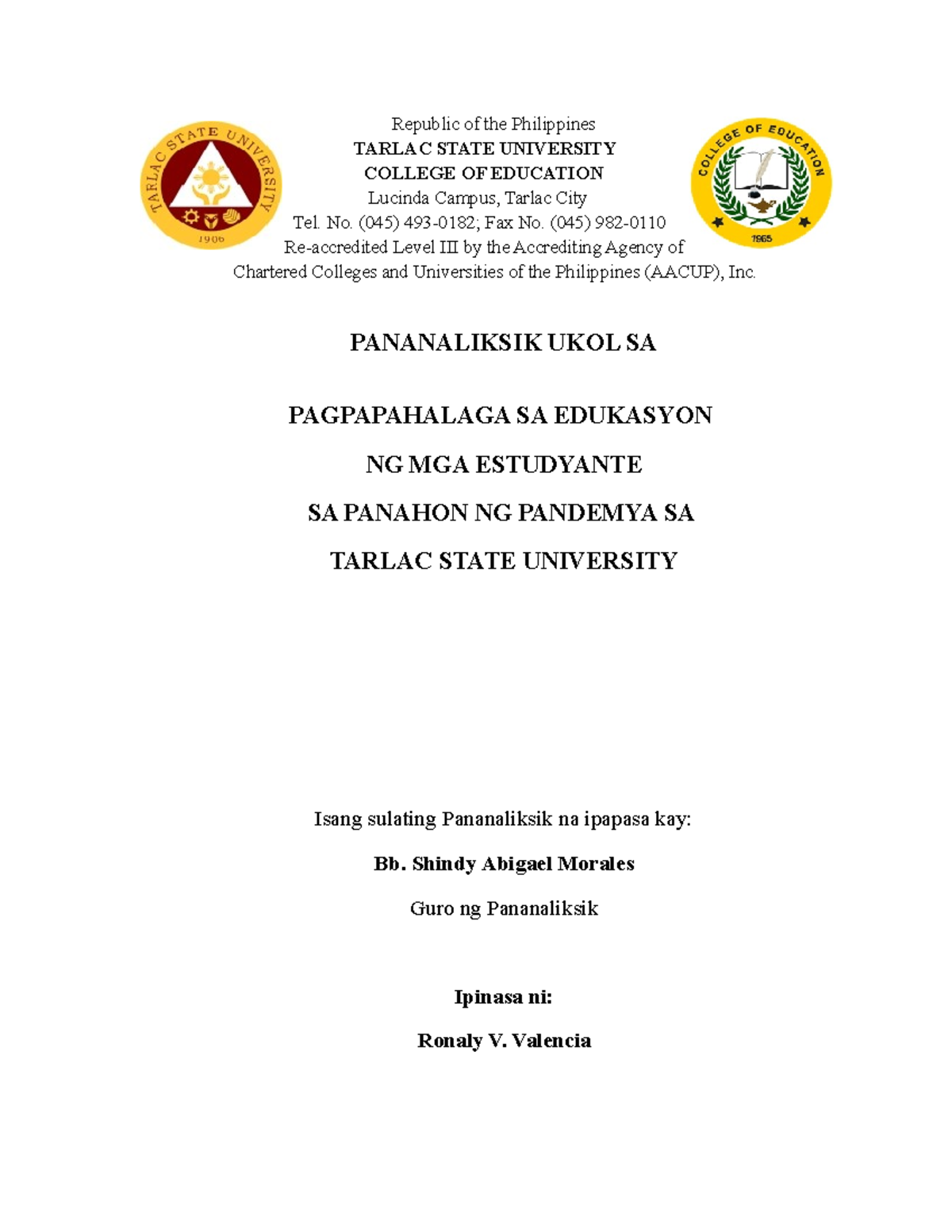 Pananaliksik sa Filipino - Republic of the Philippines TARLAC STATE ...