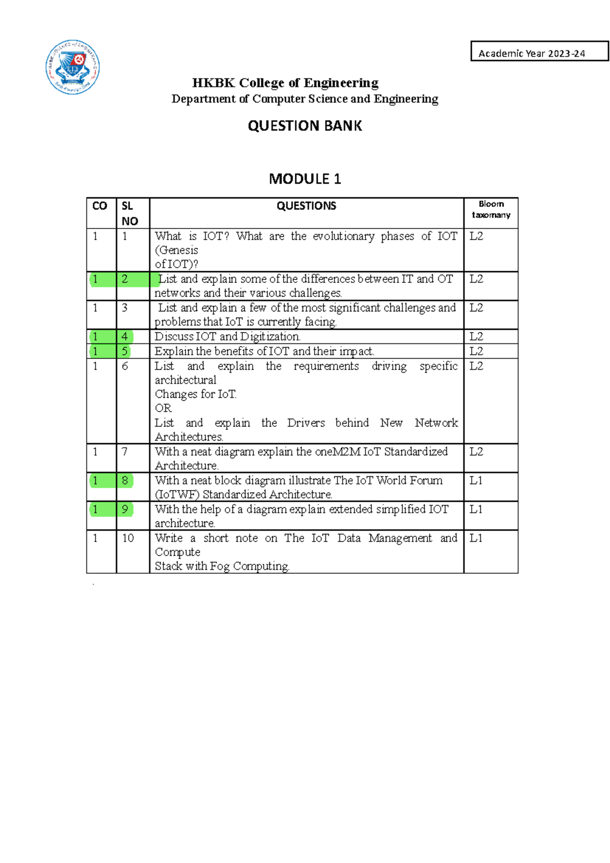 IOT Question BANK1 2 - HKBK College of Engineering Department of ...