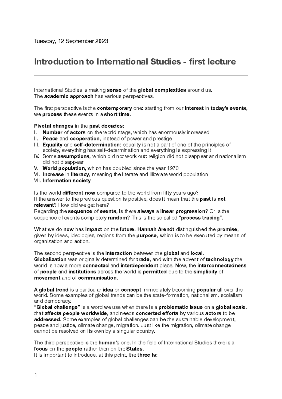 Introduction to International Studies first lecture - Tuesday, 12 ...