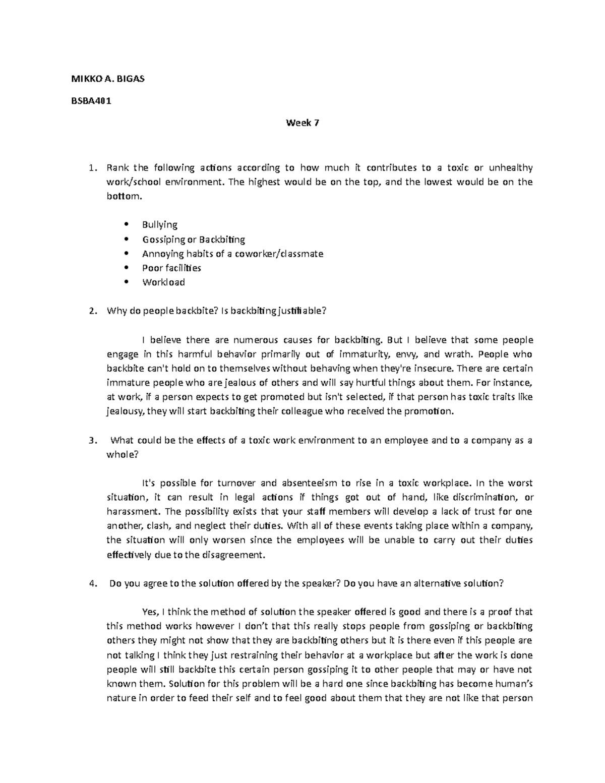 Euthenics week 7 - essay - MIKKO A. BIGAS BSBA Week 7 Rank the ...