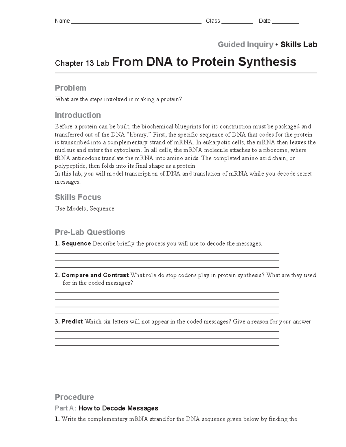 Ali Ashraf - From DNA to Protein Synthesis Lab - Name Class Date Guided Inquiry • Skills Lab ...