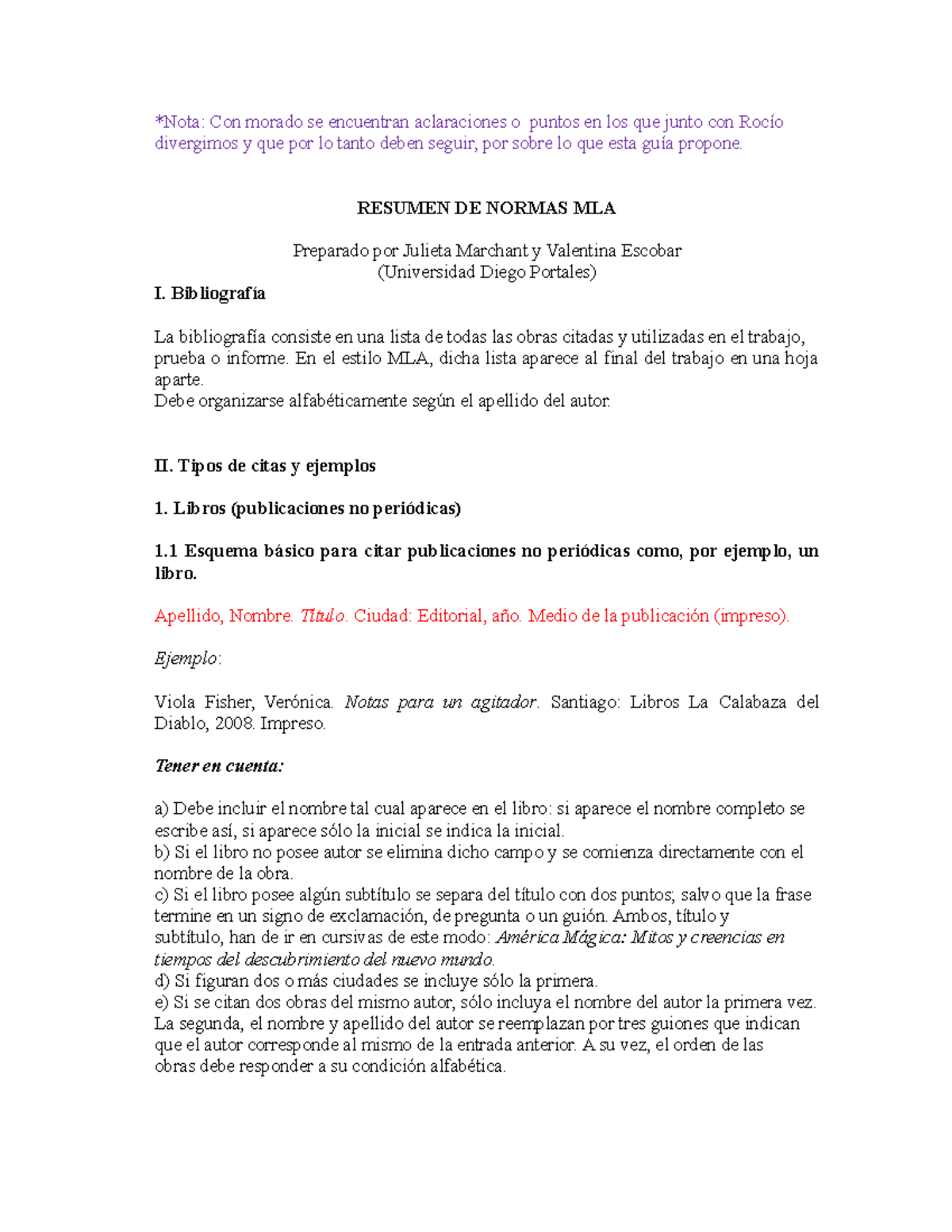 Resumen DE Normas MLA - *Nota: Con morado se encuentran aclaraciones o ...