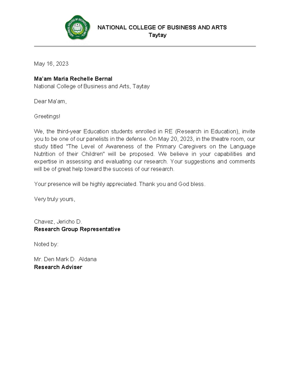 Inviation Letter for Panelists - NATIONAL COLLEGE OF BUSINESS AND ARTS ...