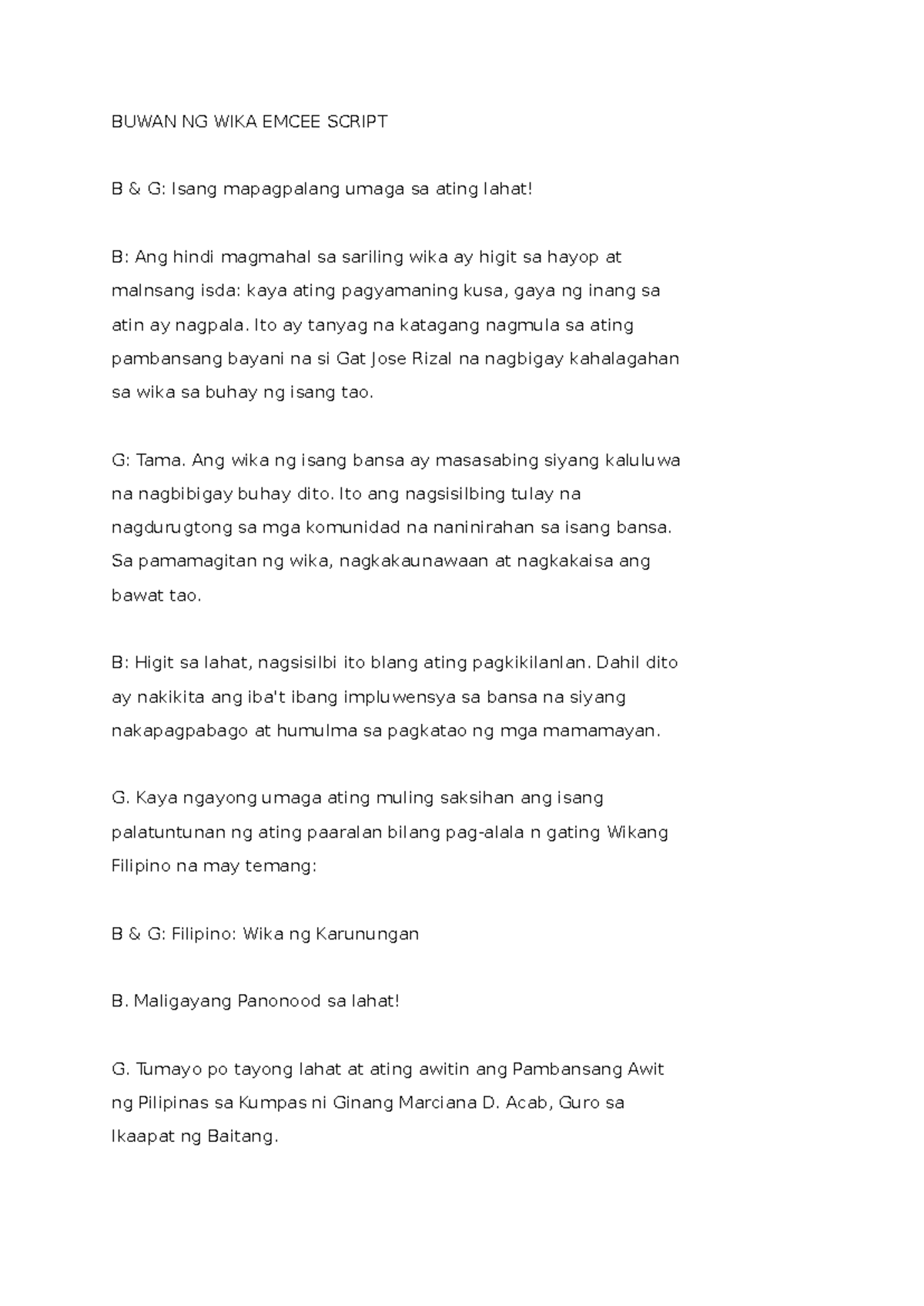 Buwan NG WIKA Emcee Script - BUWAN NG WIKA EMCEE SCRIPT B & G: Isang ...