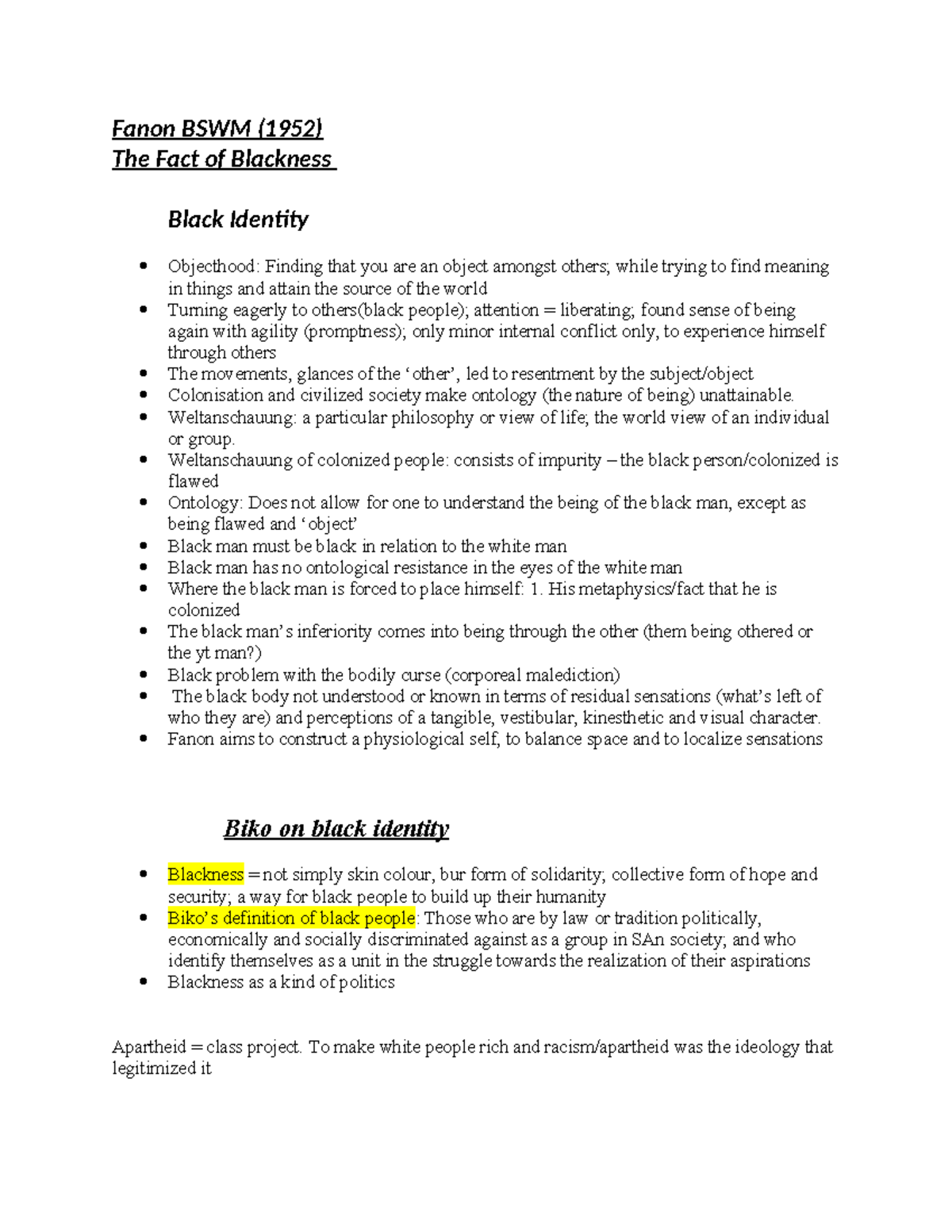 Fanon BSWM - black consciousness - Fanon BSWM (1952) The Fact of ...