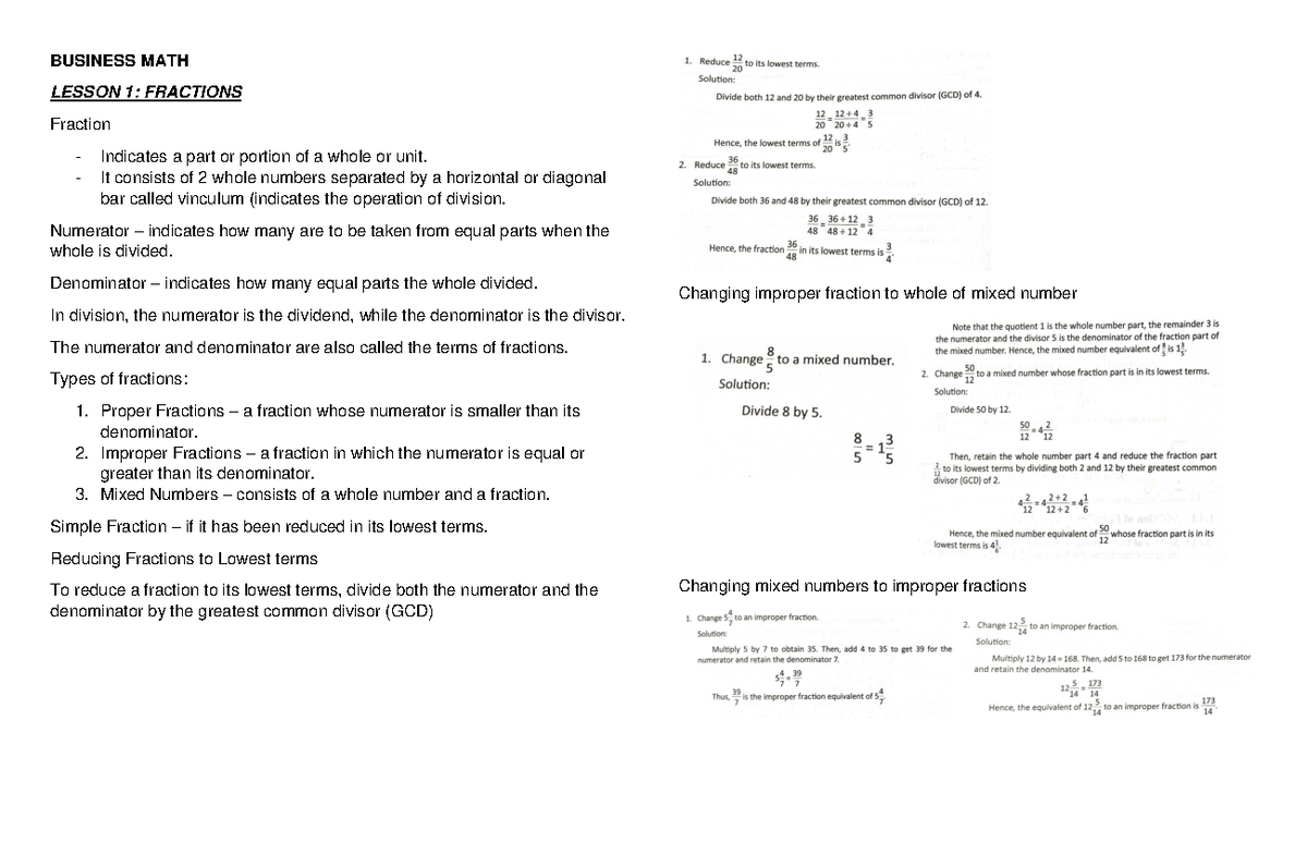 Business MATH 3RD Q BUSINESS MATH LESSON 1 FRACTIONS Fraction