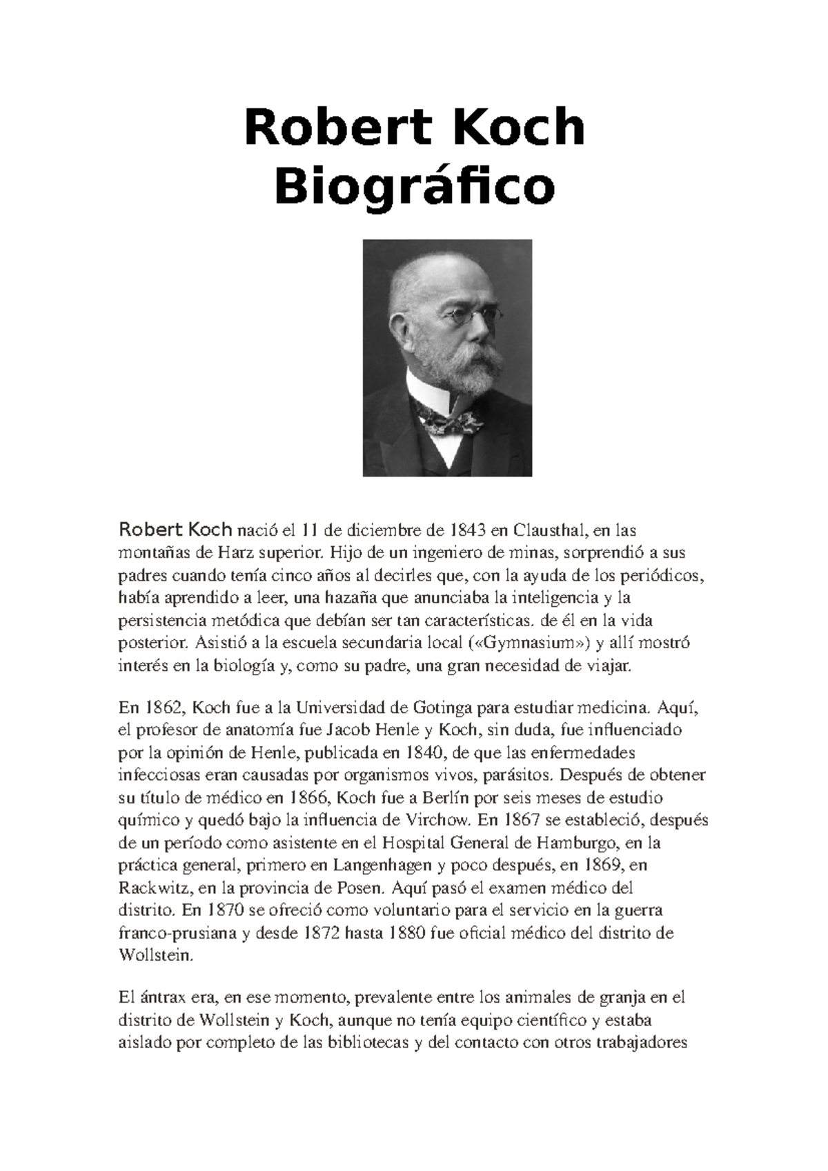 Robert Koch nobel - Nota: 20 - Robert Koch Biográfico Robert - Studocu