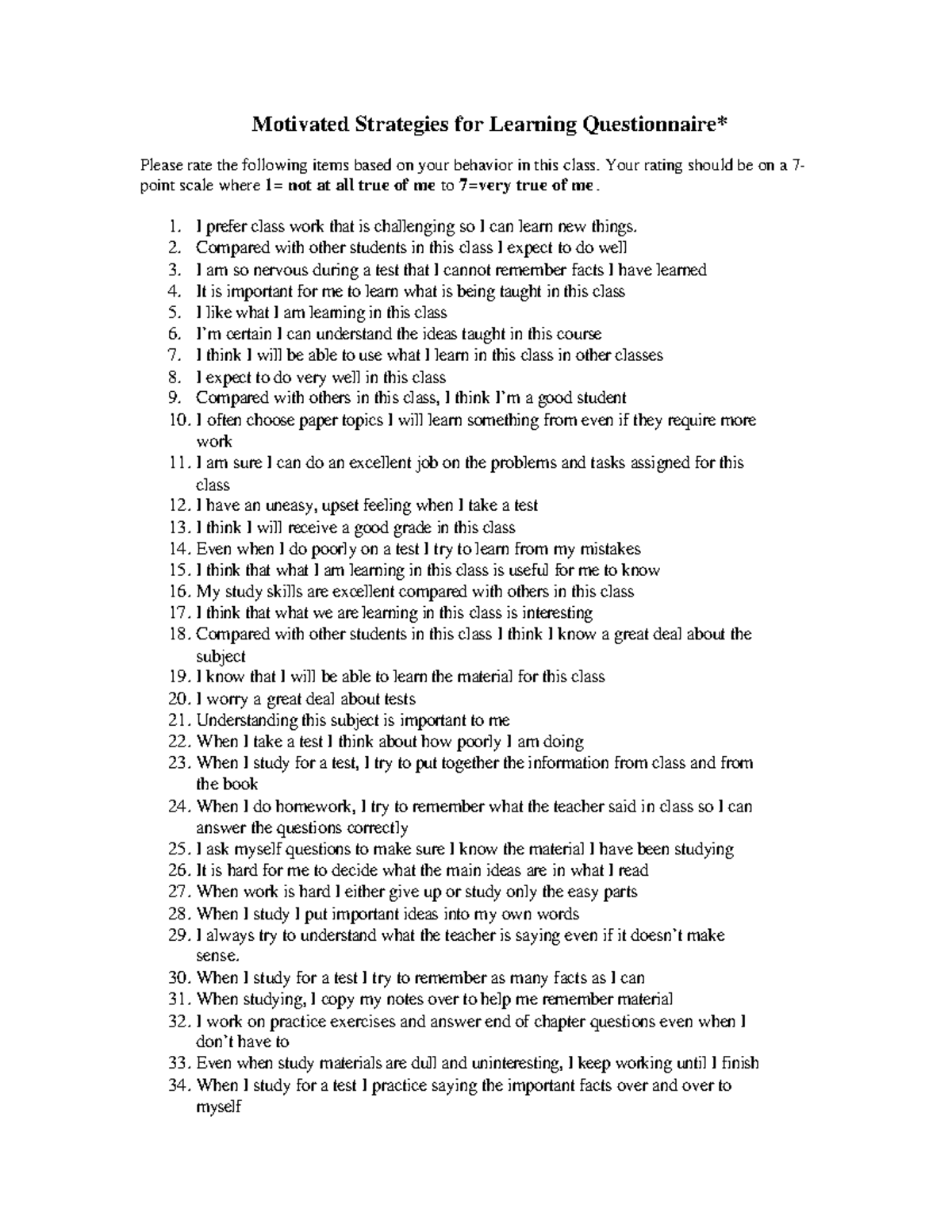 MSLQ - Attitude scale - Motivated Strategies for Learning Questionnaire ...
