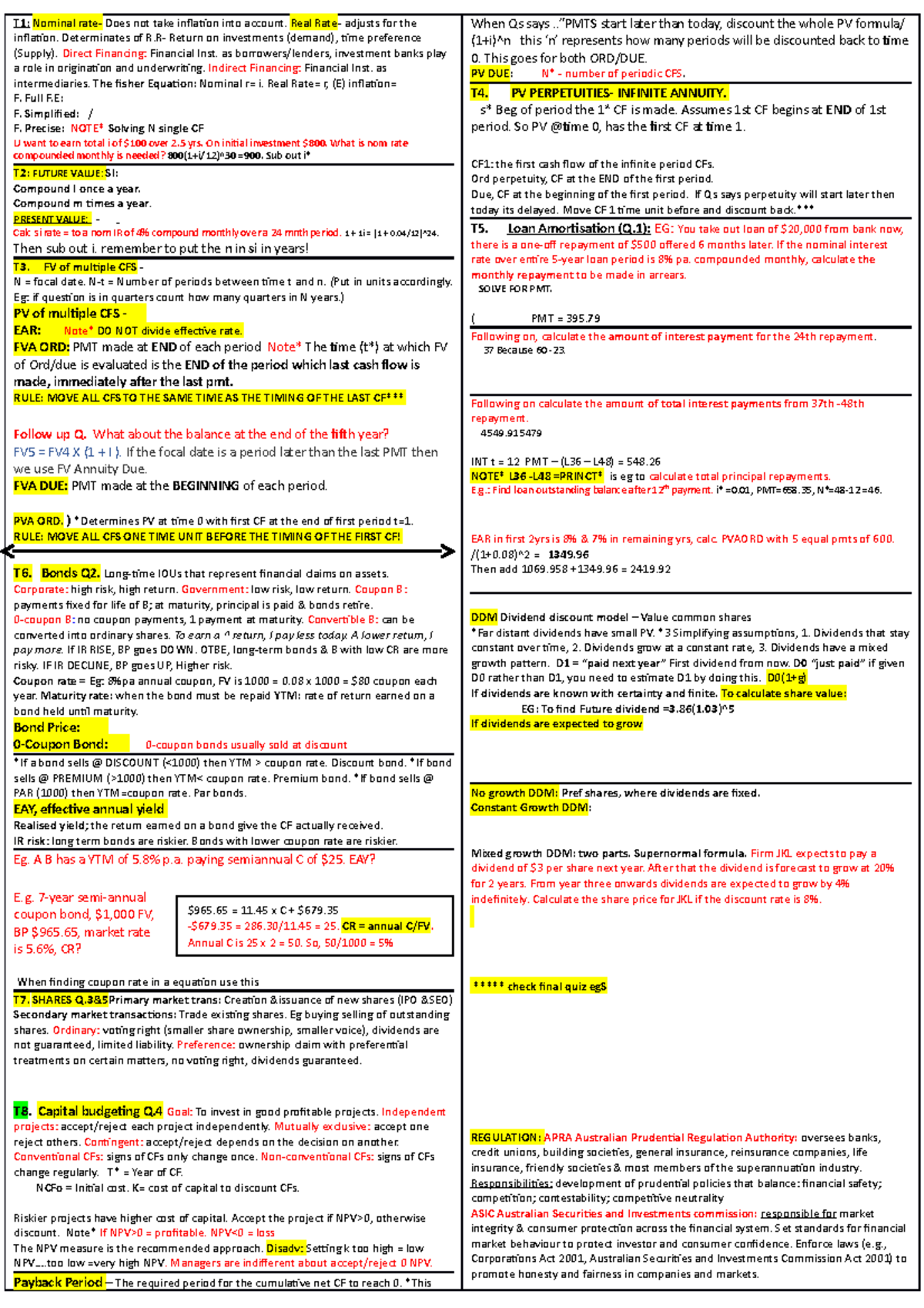 Finals Cheat Sheet topic 1 10 - T1: Nominal rate- Does not take ...