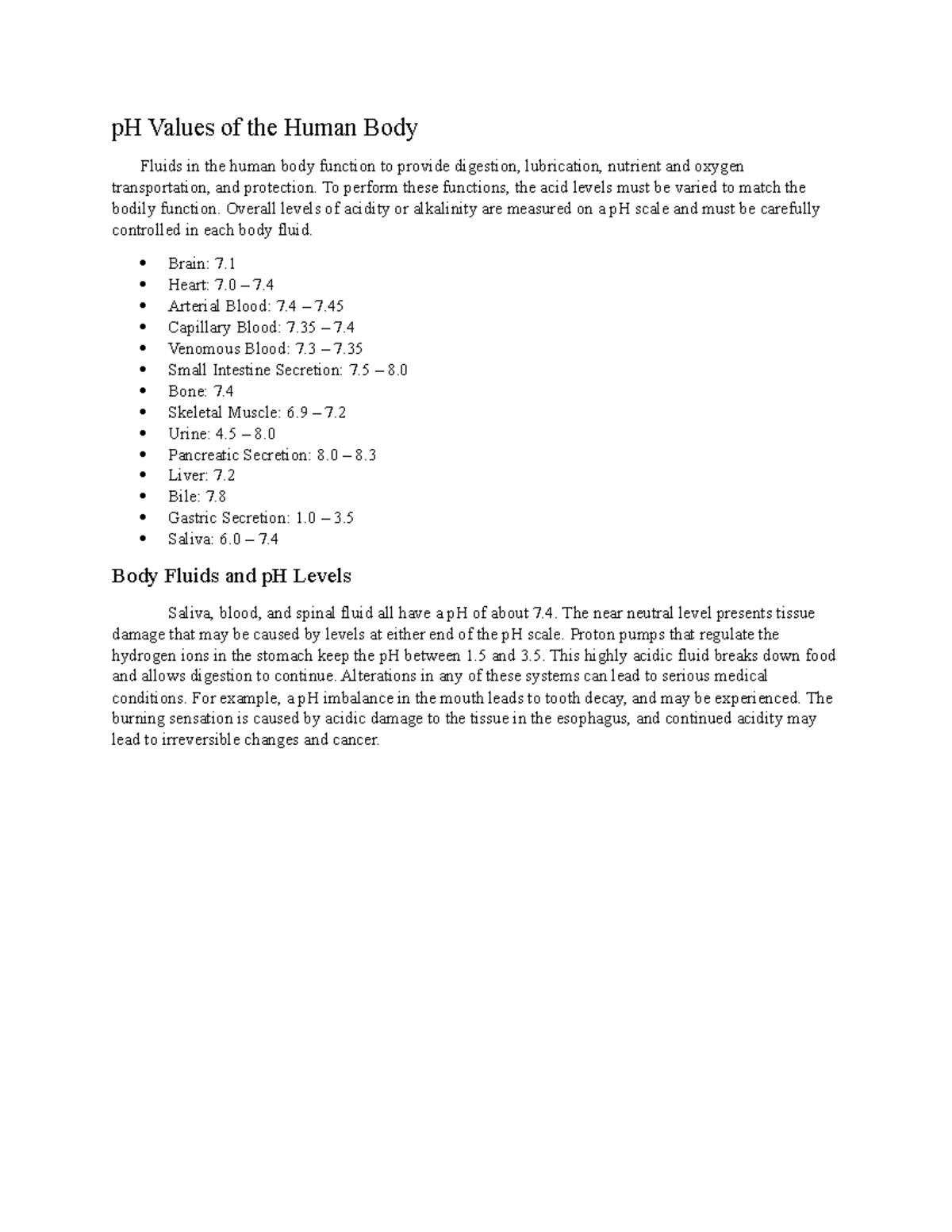 P H Values of the Human Body - pH Values of the Human Body Fluids in ...
