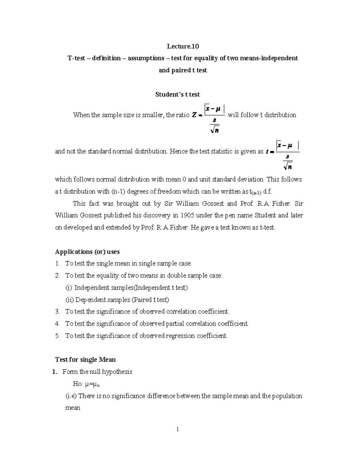 chapter ten: regression and correlation analysis - Lecture. T-test ...