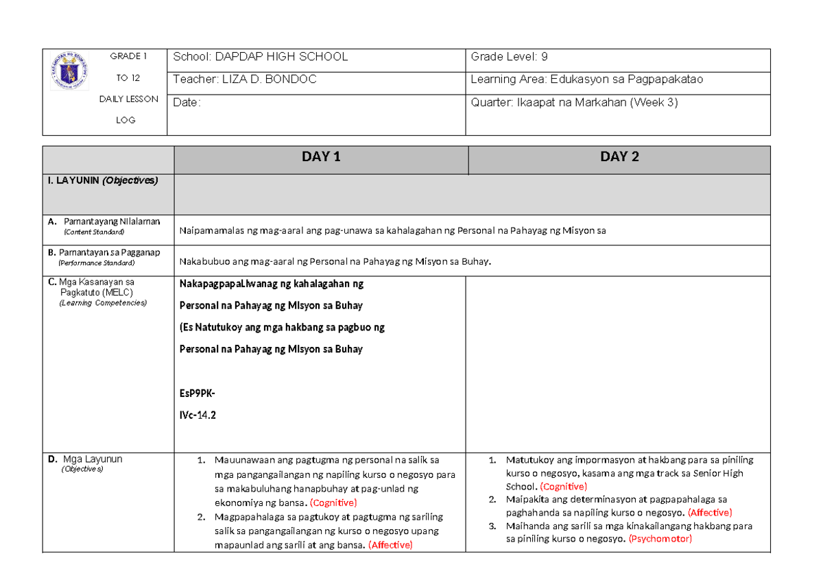 DLL ESP9 Q4WK2 - DLL - GRADE 1 TO 12 DAILY LESSON LOG School: DAPDAP ...