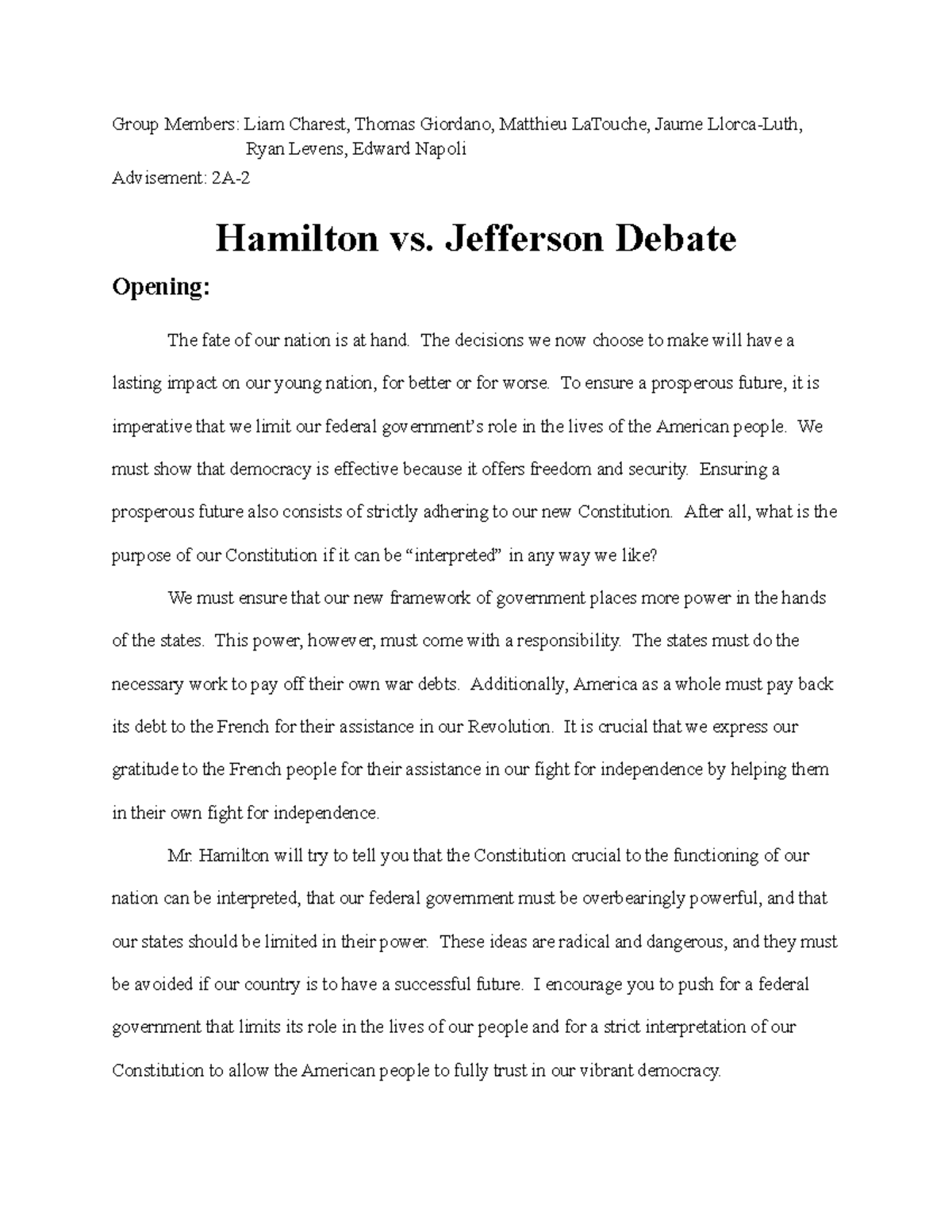 Hamilton vs. Jefferson Debate Questions - Group Members: Liam Charest ...