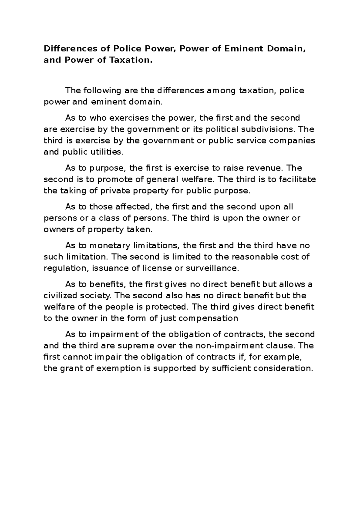 Differences of Police Power - The following are the differences among ...