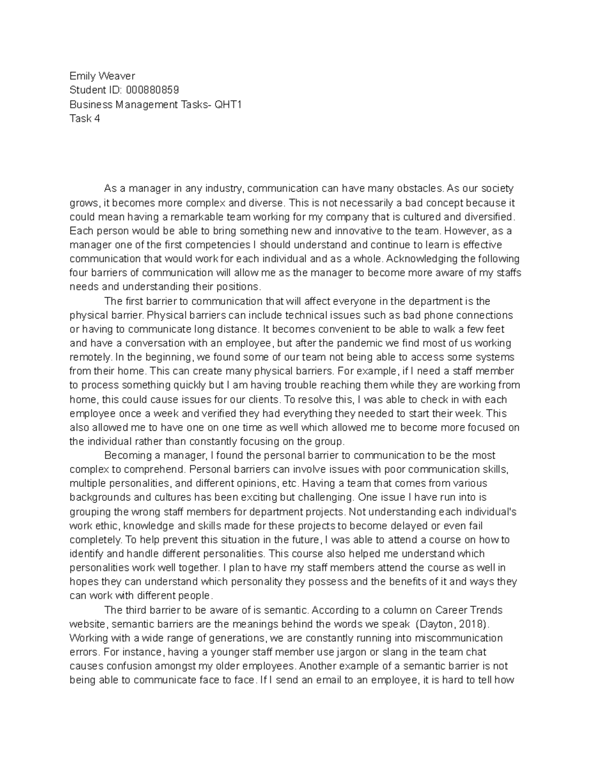 Task 4 - Business Management Tasks- QHT1 - Emily Weaver Student ID ...