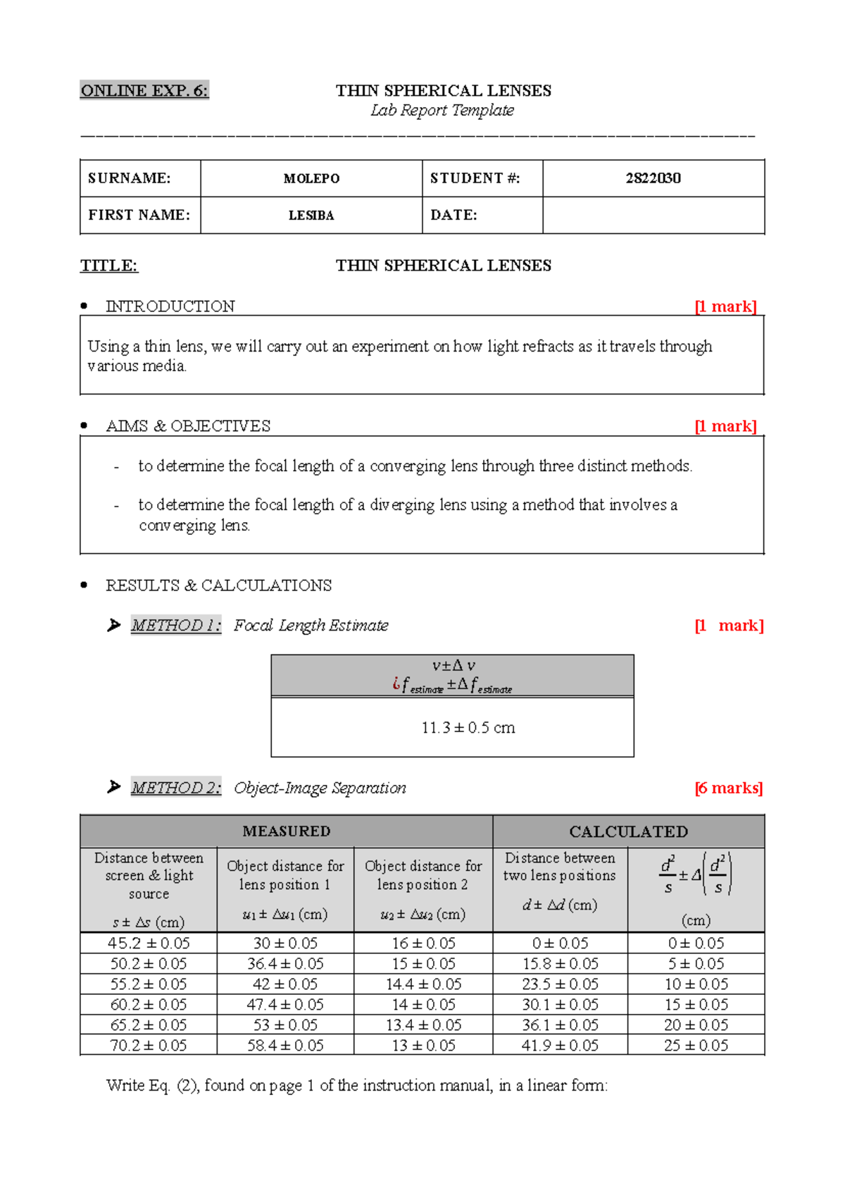 Exp06 - Thin Lens - Lab Report Template - ONLINE EXP. 6: THIN SPHERICAL LENSES Lab Report ...