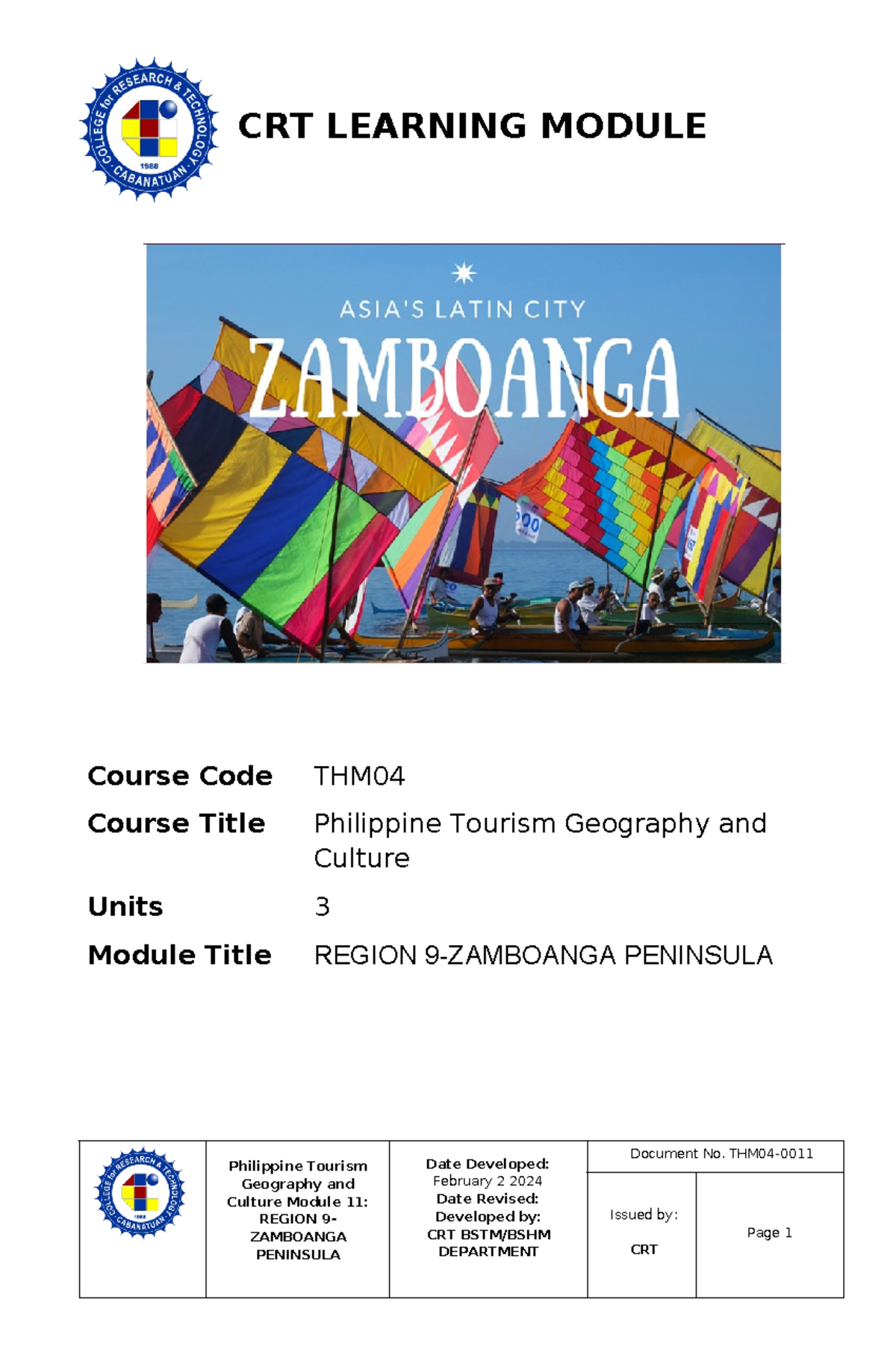 THM04- Module-11- Region 9 - CRT LEARNING MODULE Course Code THM Course Title Philippine Tourism ...
