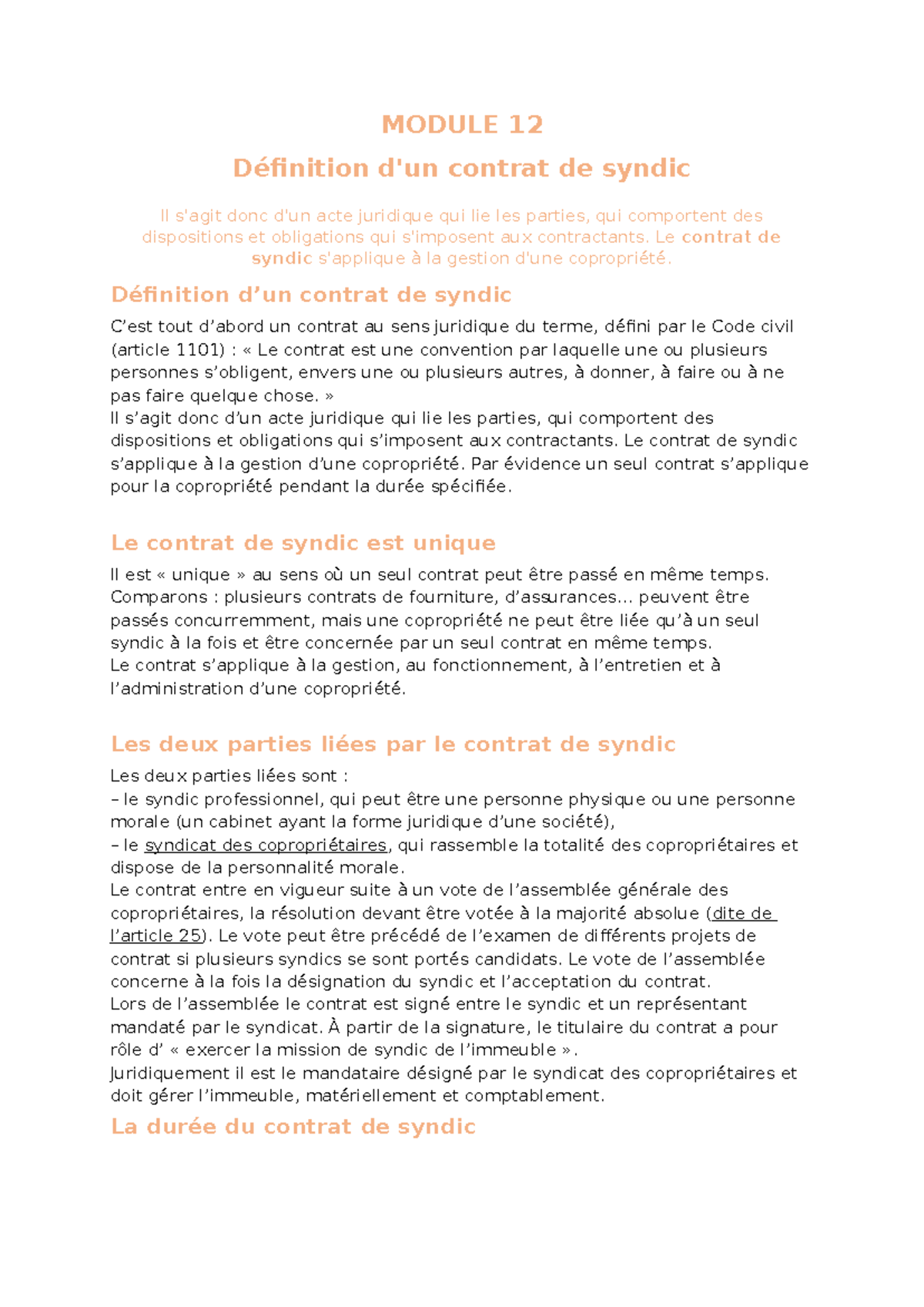 12- Contrat de syndic - cours complet - MODULE 12 Définition d'un ...