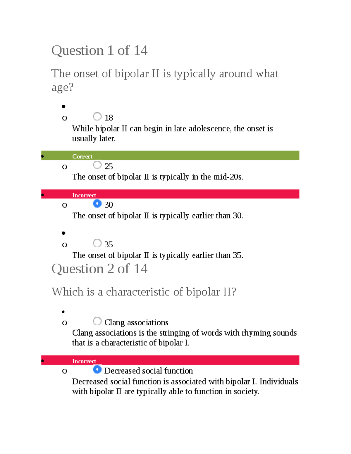 Q6 Sherpath Questions 375 - Question 1 of 14 The onset of bipolar II is ...