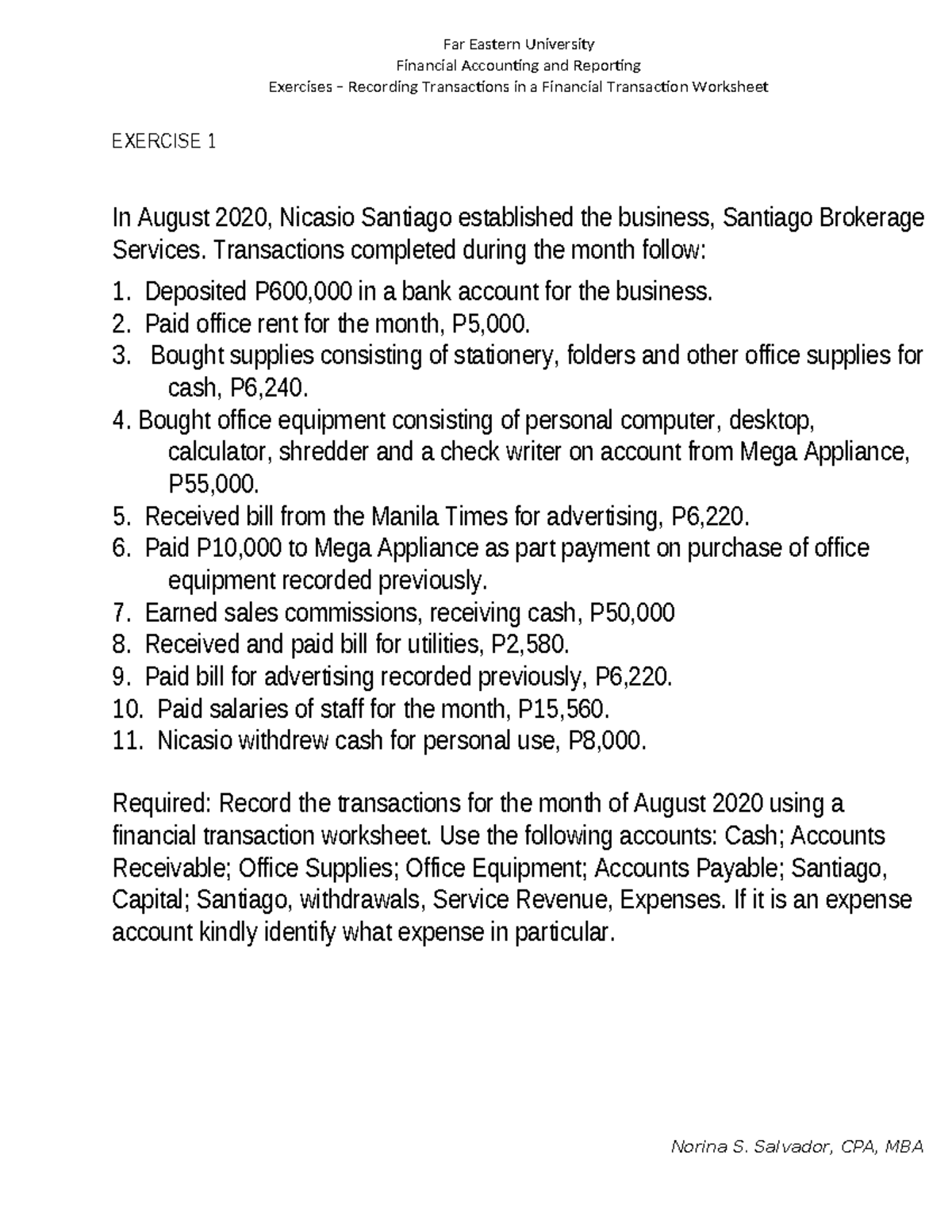 Exercise 2 Financial Transaction Worksheet - Far Eastern University ...