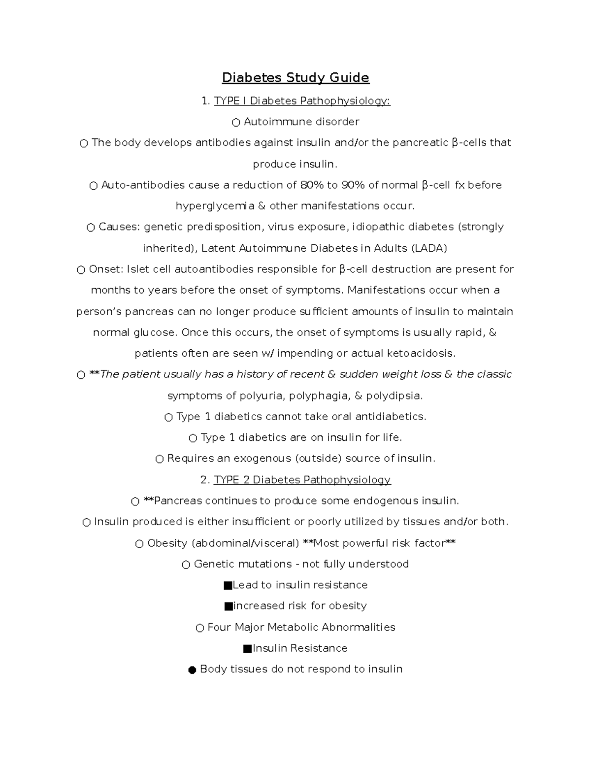 Med Surg Diabetes Study Guide - Diabetes Study Guide TYPE I Diabetes ...