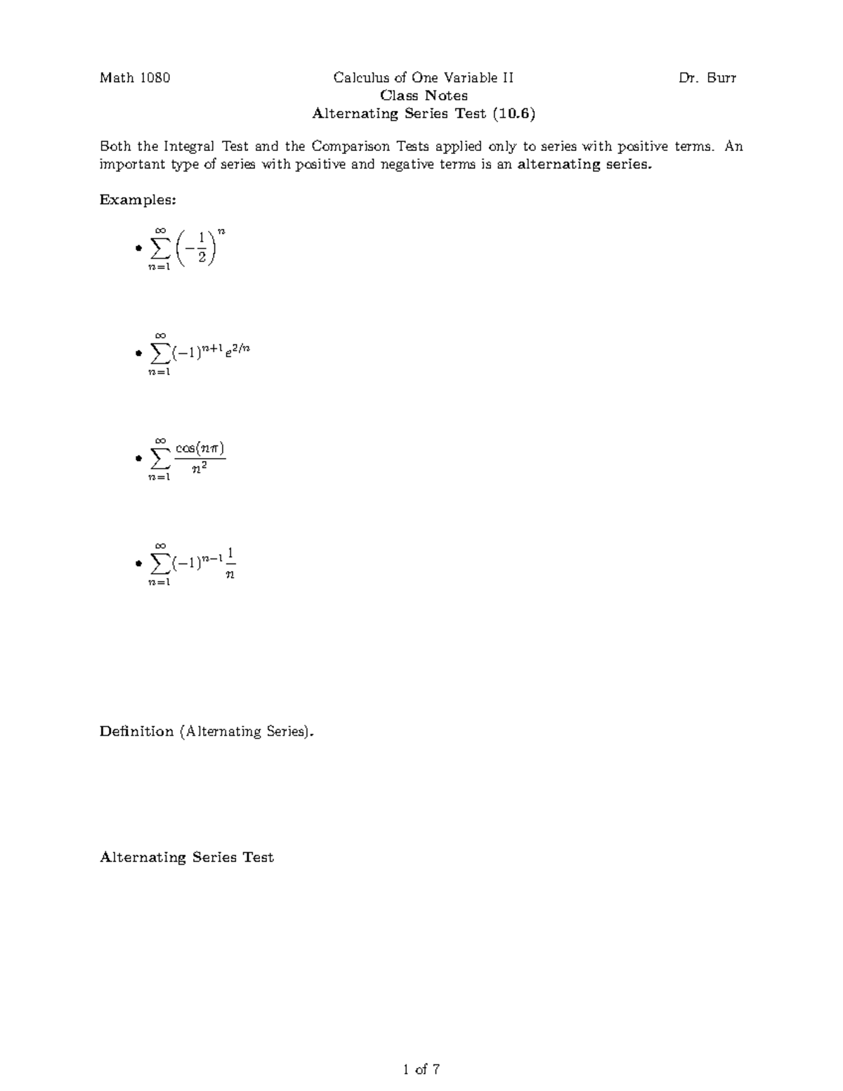 Section 10 - Notes - Math 1080 Calculus of One Variable II Dr. Burr ...