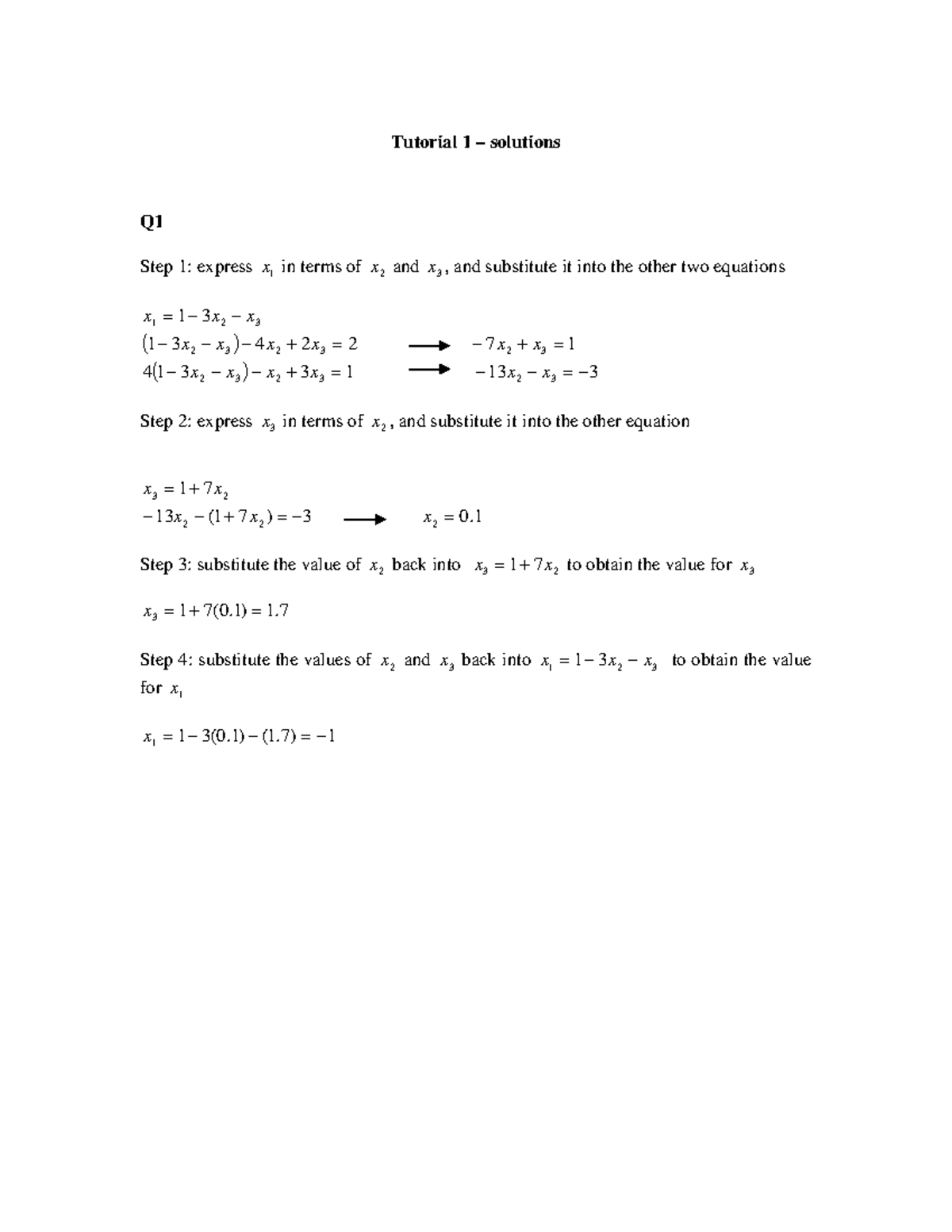 Tutorial 1 solutions - Tutorial 1 – solutions Q Step 1: express x 1 in terms of x 2 and x 3 ...
