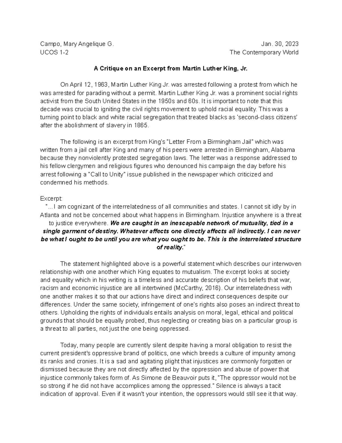 Constructed Critique of an Excerpt by Martin Luther King Jr. - Campo ...