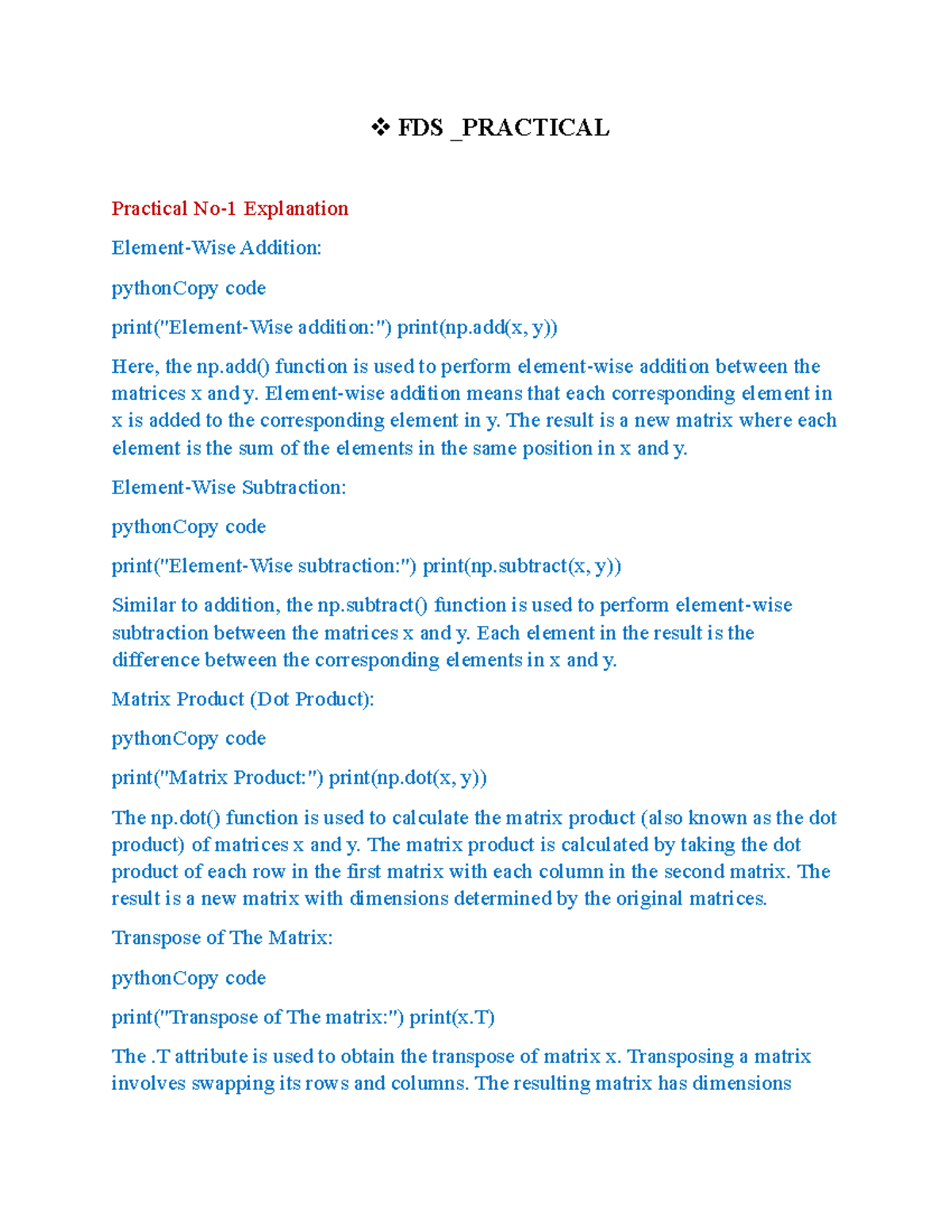 FDS practical with logic - FDS _PRACTICAL Practical No- 1 Explanation Element-Wise Addition ...
