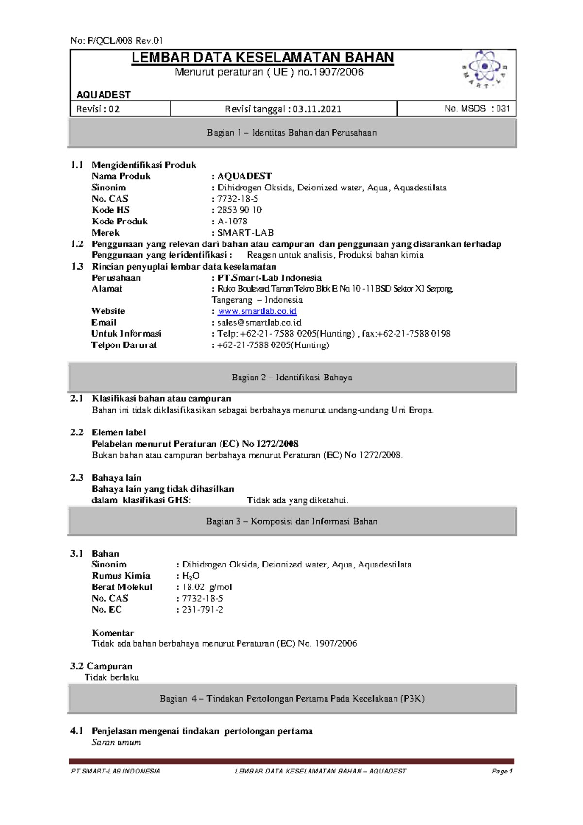 MSDS Aquadest (INDO) - kimia dasar - LEMBAR DATA KESELAMATAN BAHAN ...