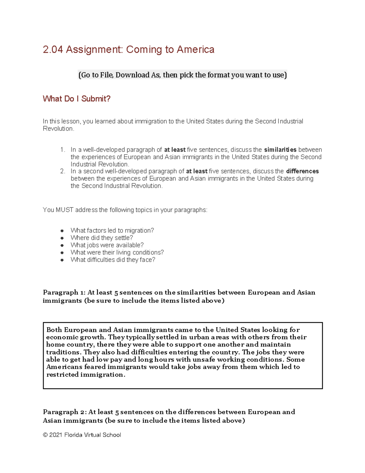 2.4 us history honors flvs - 2 Assignment: Coming to America (Go to ...