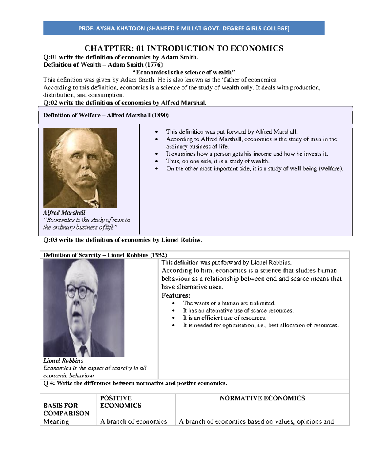 ADC-1 chapter 1 and 2 by Ayhsa khatoon - CHATPTER: 01 INTRODUCTION TO ECONOMICS Q:01 write the ...