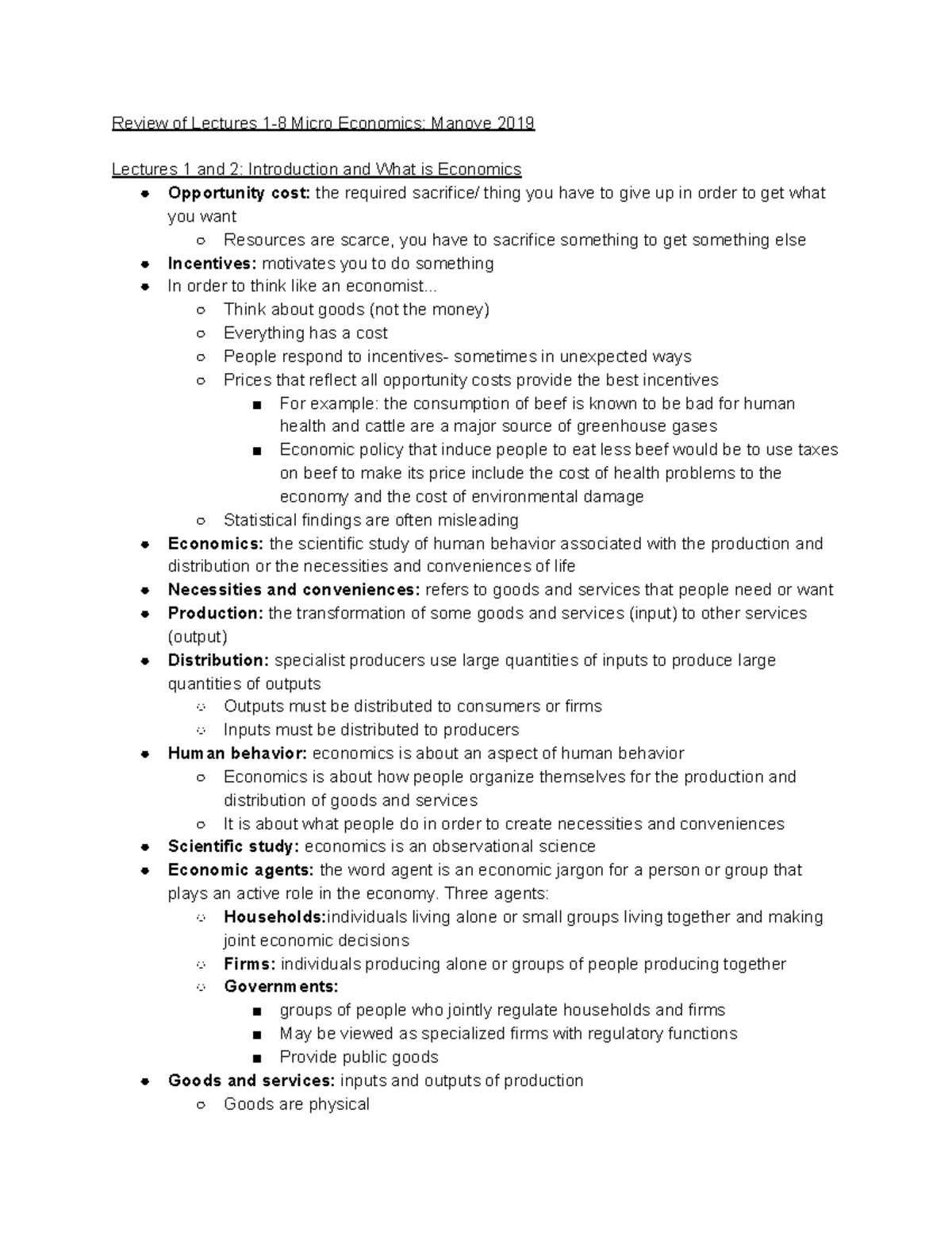 Lectures 1-8 - Professor Manove 2019 Micro Economics: EC101 - Review of ...