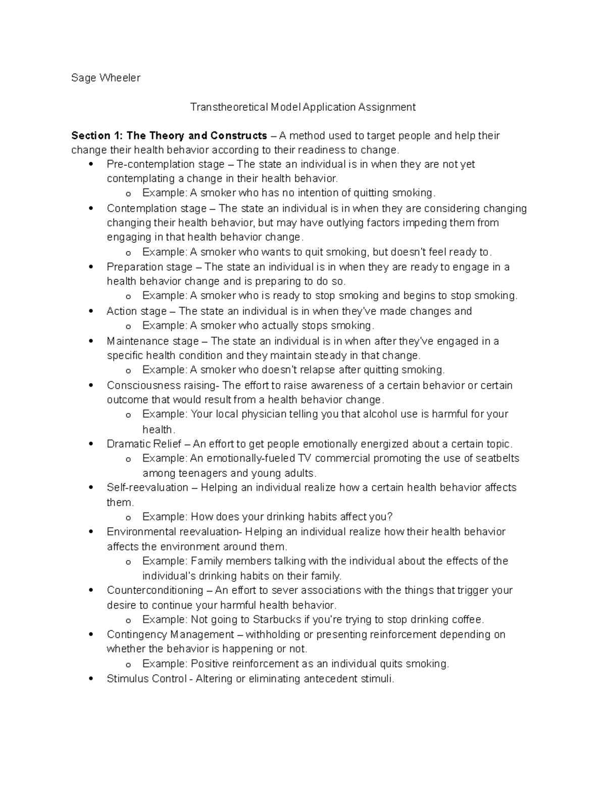 Application Assignment #5 - Sage Wheeler Transtheoretical Model ...