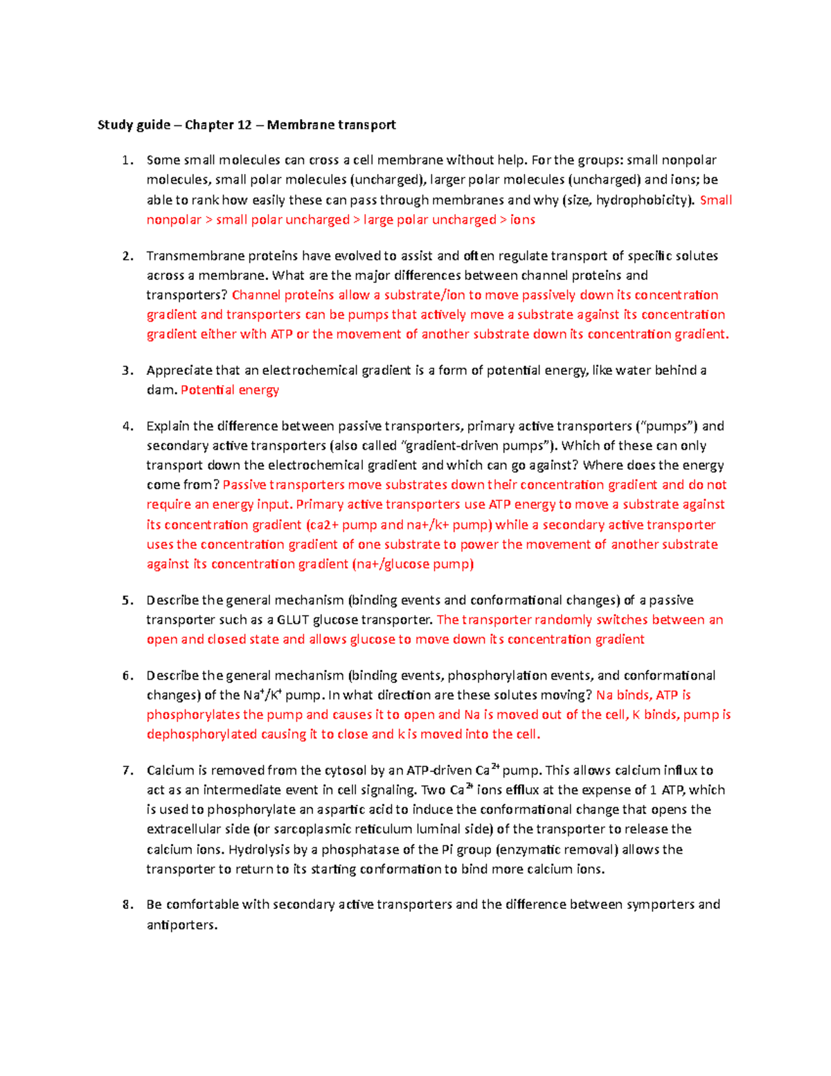 Study guide - Chapter 12 - Membrane transport - Study guide – Chapter 12 – Membrane transport ...