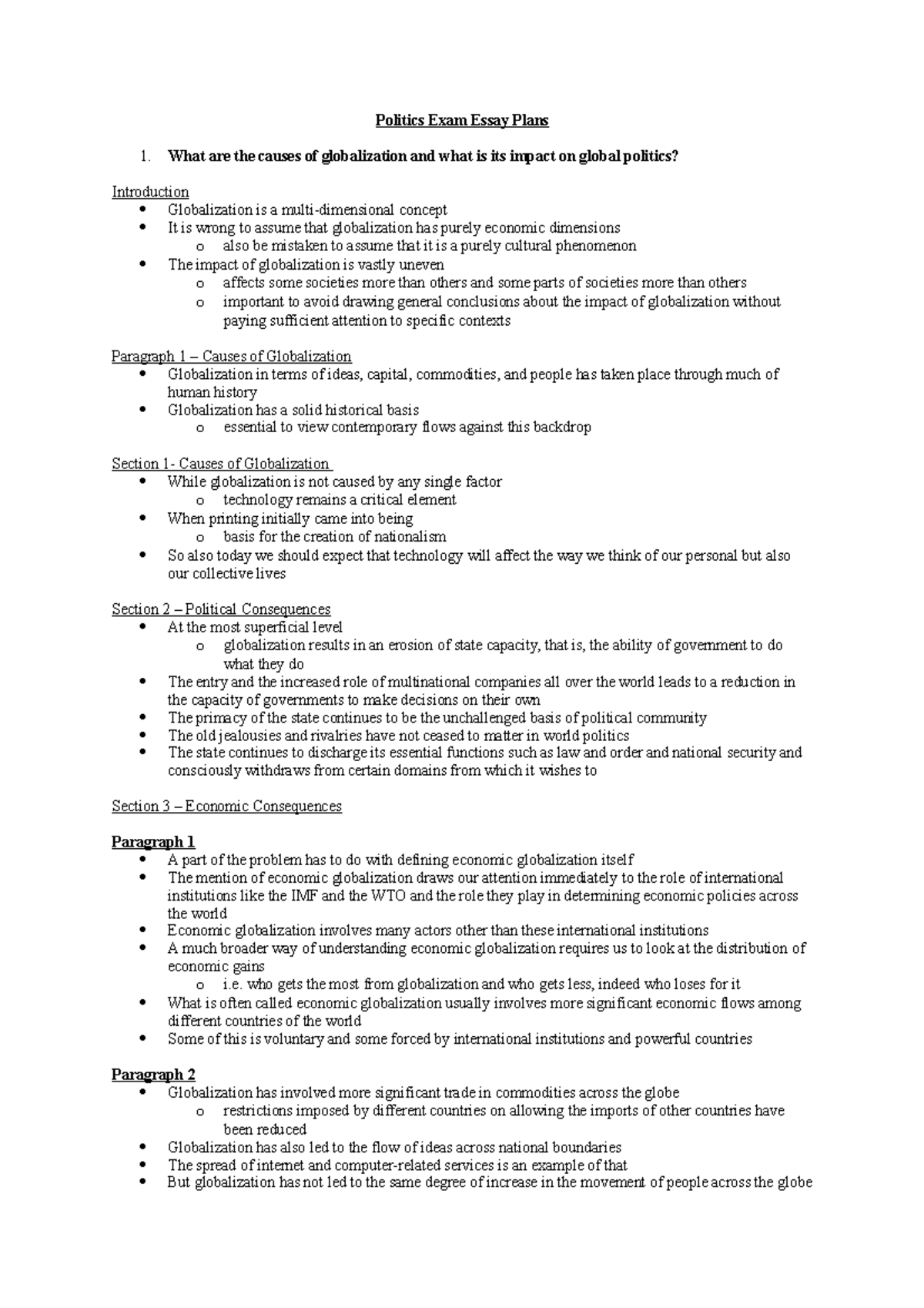 Politics Exam Essay Plans Globalisation - Politics Exam Essay Plans ...