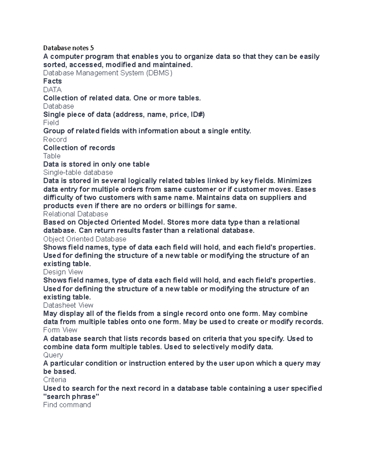 Database notes 3 - Database Management System (DBMS) Facts DATA ...