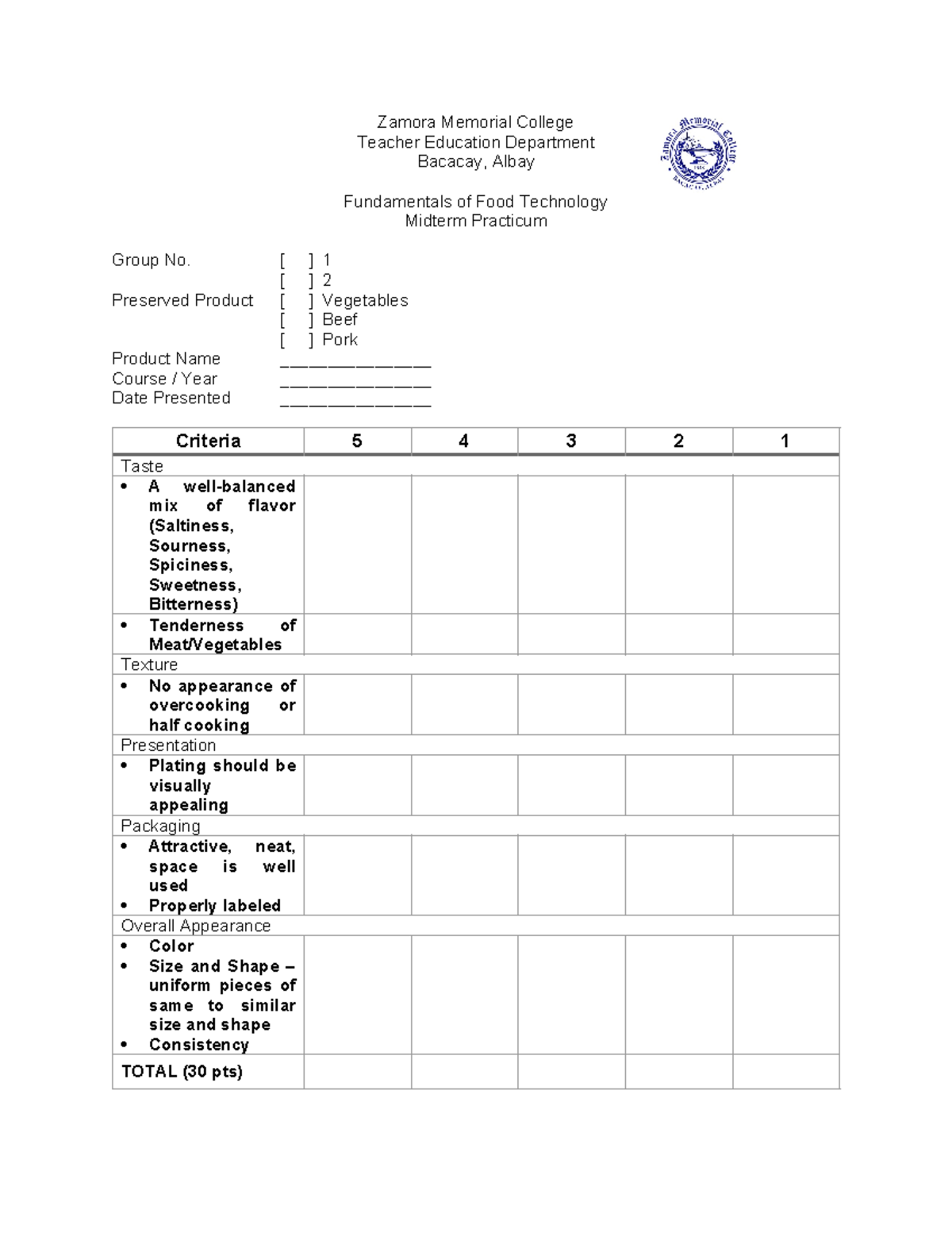 Food Prep Rubrics - materials - Zamora Memorial College Teacher ...