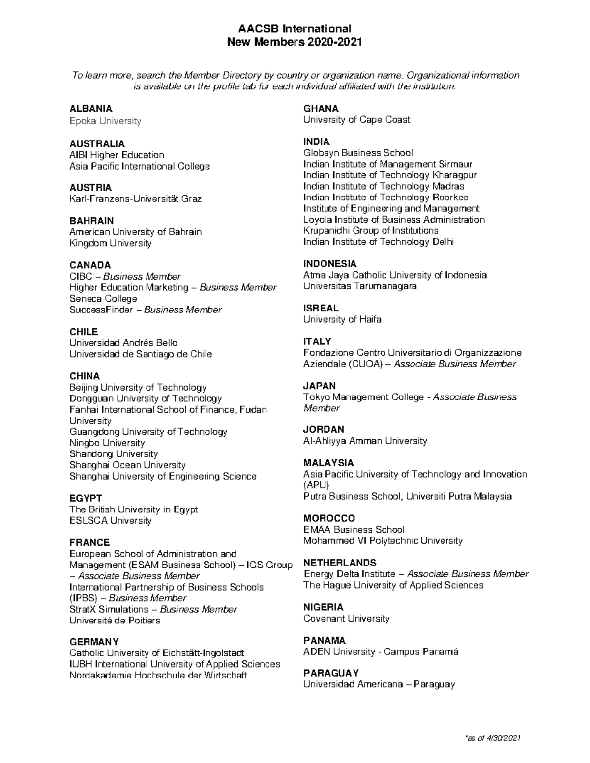 20-21 new mbrs for Exchange by country - AACSB International New ...