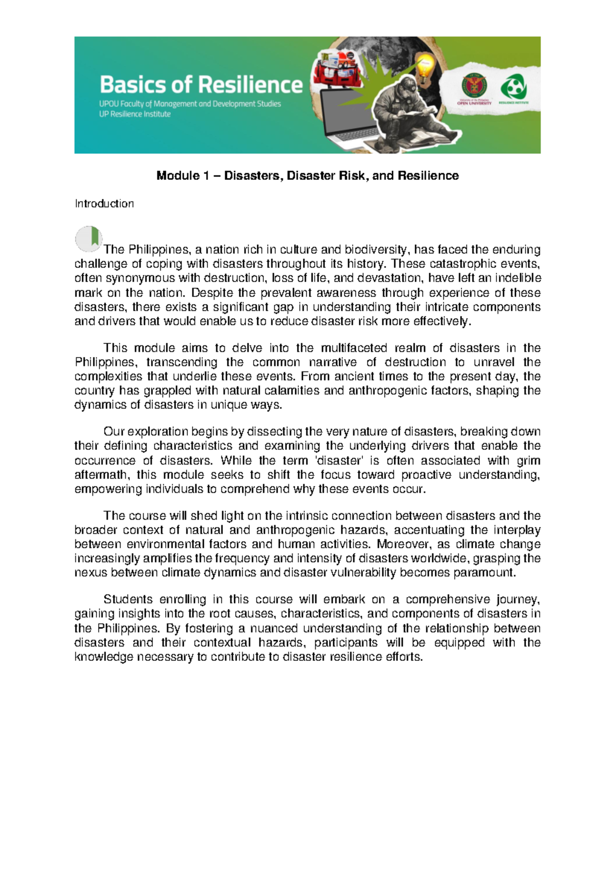 Basics of Resilience - Module 1 Study Guide - Module 1 – Disasters ...