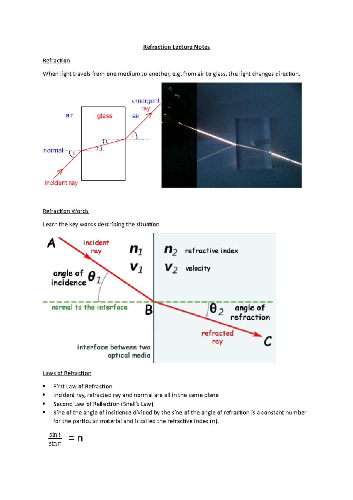 Unit 2 - Refraction Lecture Notes - Refraction Lecture Notes Refraction ...